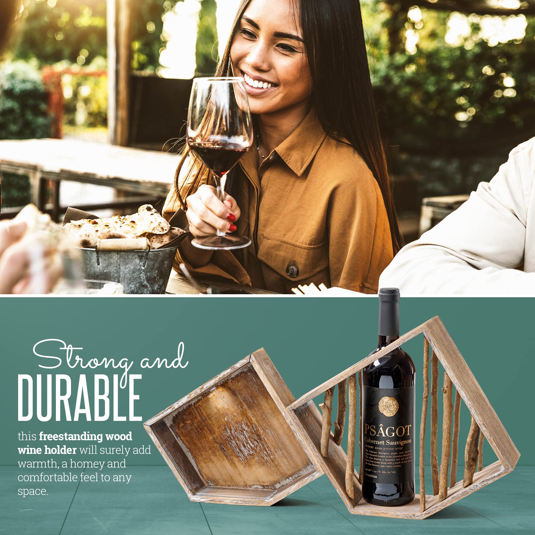 Wine Bottle Holder - Rustic Birch Wood Single Wine Bottle Rack with Cork Holder - Freestanding Wooden Countertop Display Case w/ Branch Accents and Clear Cover, Handmade Gift Decor for Bar or Kitchen