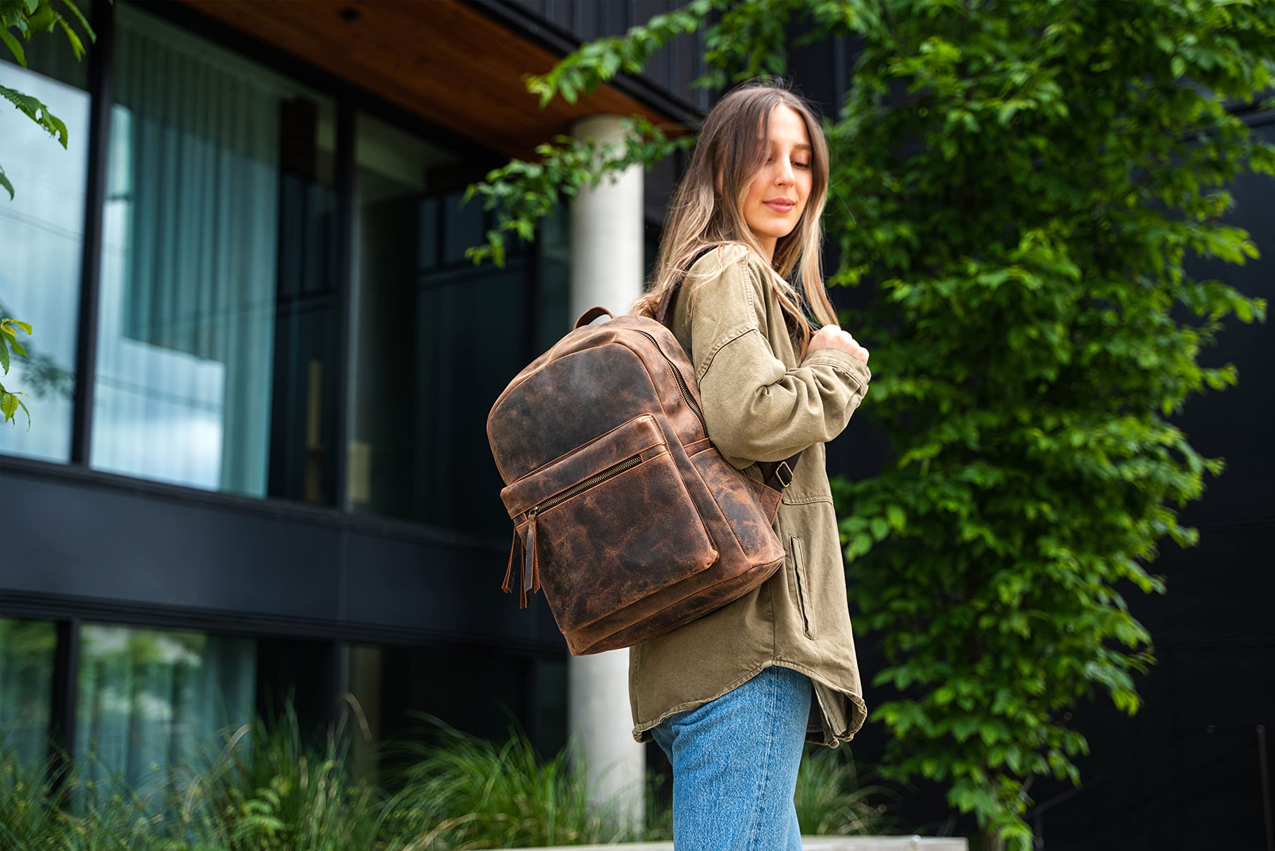 KomalC Leather backpack purse rucksack laptop bag for women & men travel school college hiking travel shoulder camping bag