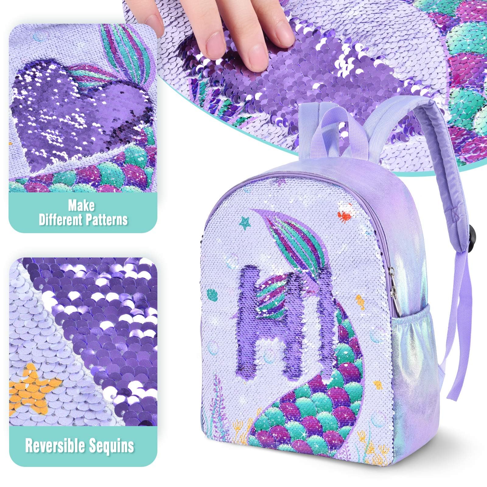 WERNNSAI Mermaid Kids Backpack - Sparkly Sequins School Backpack for Little Kids Girls Preschool Kindergarten Elementary 15β Lightweight Hiking Travel Casual Book Bag