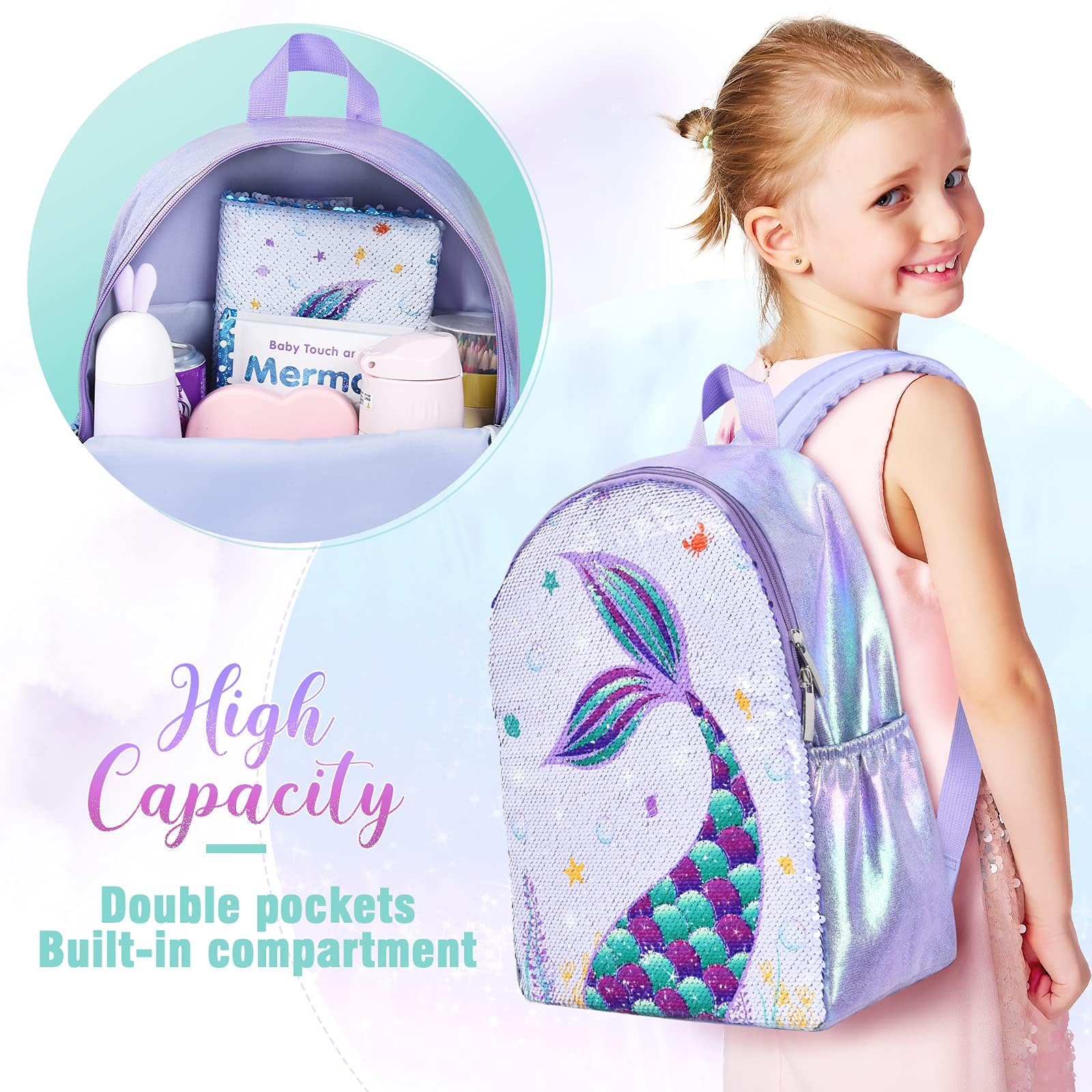 WERNNSAI Mermaid Kids Backpack - Sparkly Sequins School Backpack for Little Kids Girls Preschool Kindergarten Elementary 15β Lightweight Hiking Travel Casual Book Bag