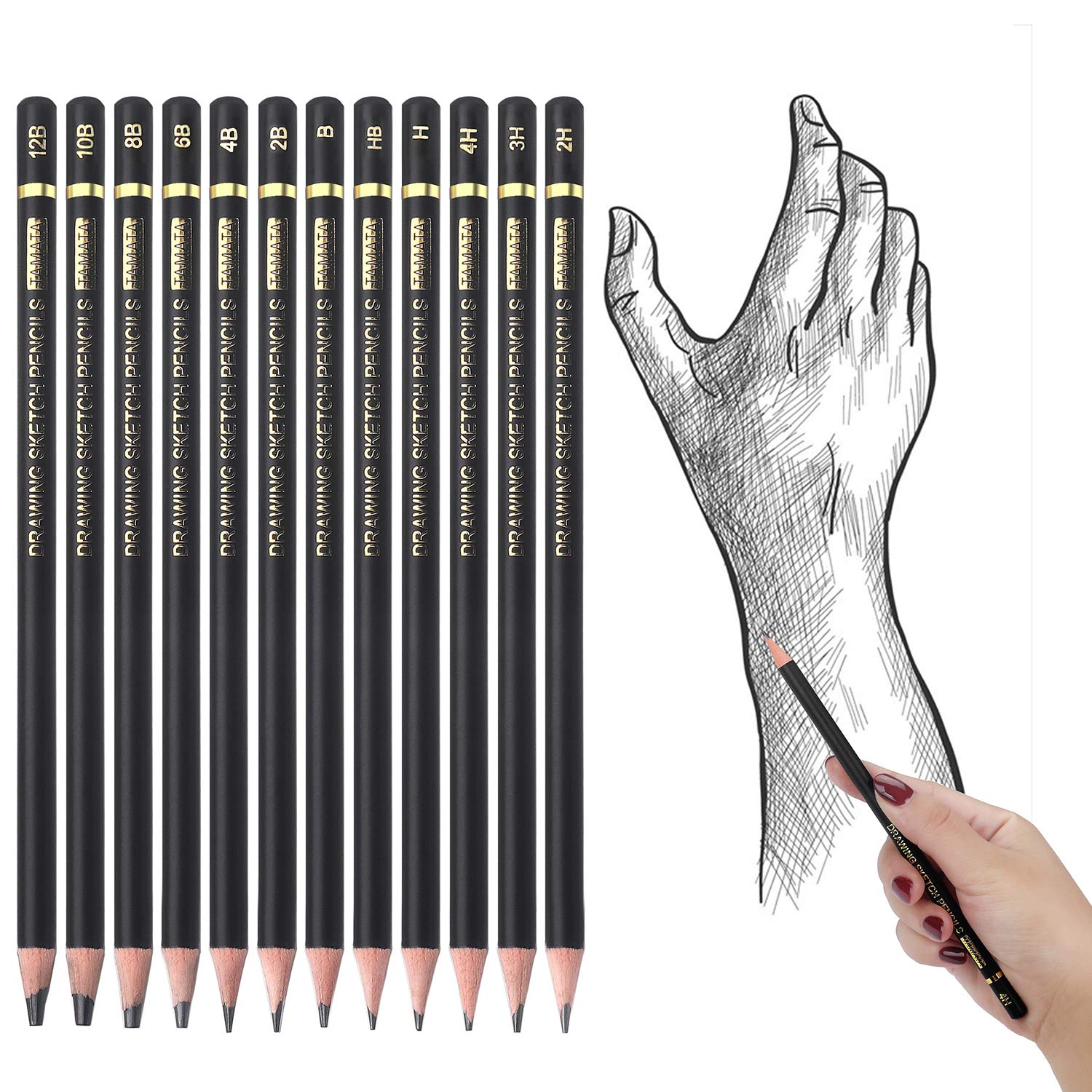 RVOGJP TAMATA Professional Drawing Sketching Pencil Set - 12 Pieces Art Drawing Graphite Pencils(12B - 4H), Ideal for Drawing Art, Sketching, Shading, for Beginners & Pro Artists