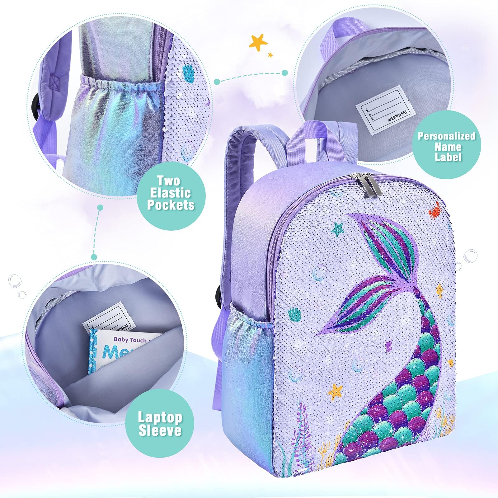 WERNNSAI Mermaid Kids Backpack - Sparkly Sequins School Backpack for Little Kids Girls Preschool Kindergarten Elementary 15β Lightweight Hiking Travel Casual Book Bag