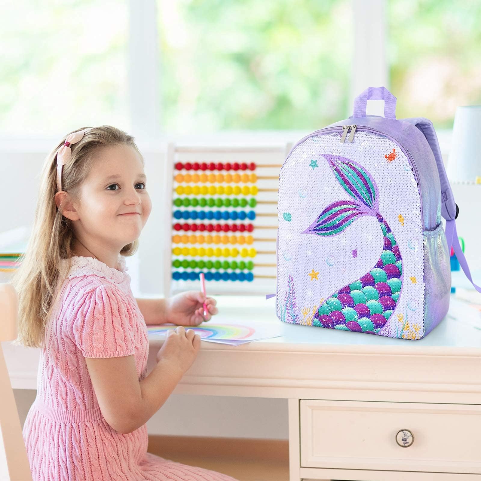 WERNNSAI Mermaid Kids Backpack - Sparkly Sequins School Backpack for Little Kids Girls Preschool Kindergarten Elementary 15β Lightweight Hiking Travel Casual Book Bag