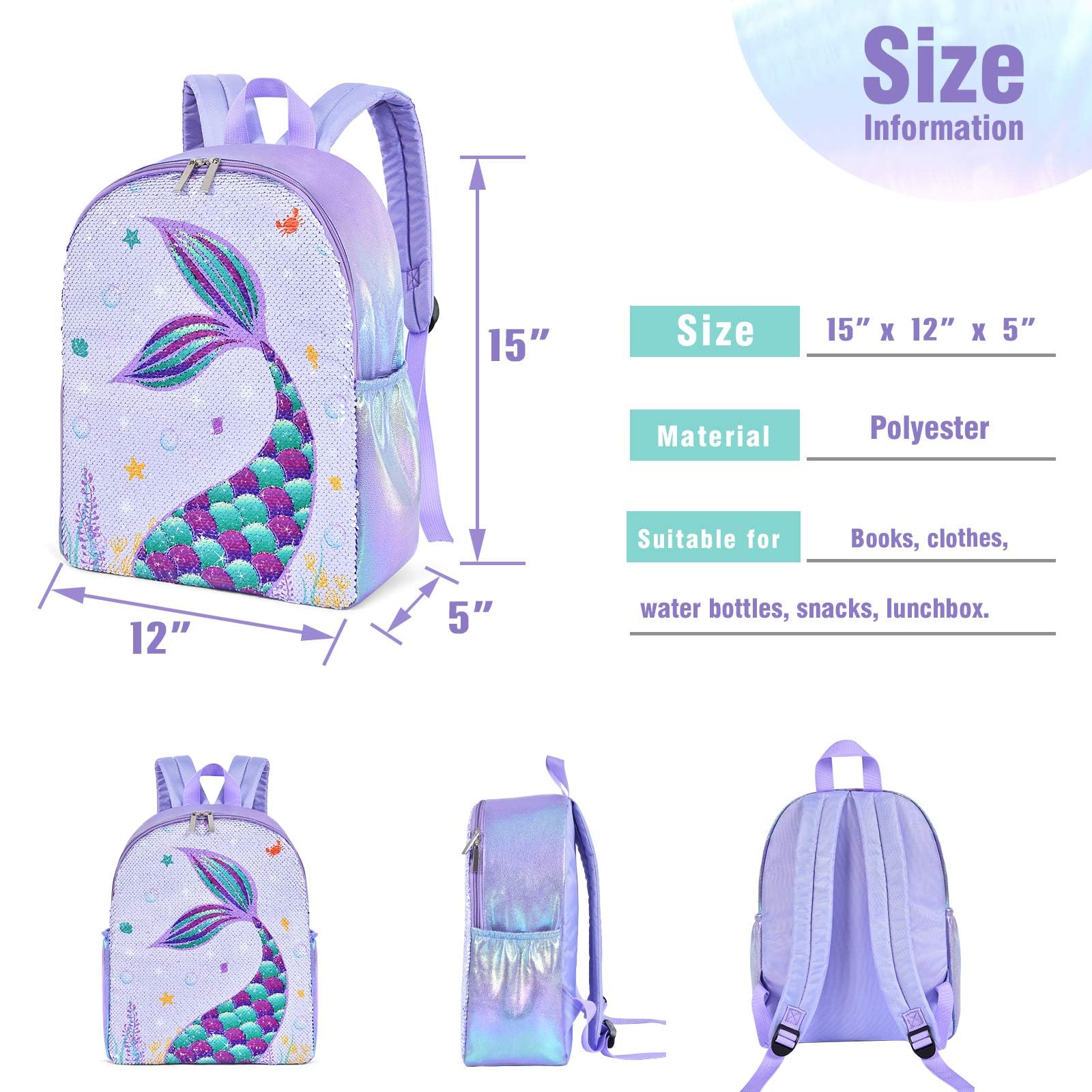 WERNNSAI Mermaid Kids Backpack - Sparkly Sequins School Backpack for Little Kids Girls Preschool Kindergarten Elementary 15β Lightweight Hiking Travel Casual Book Bag