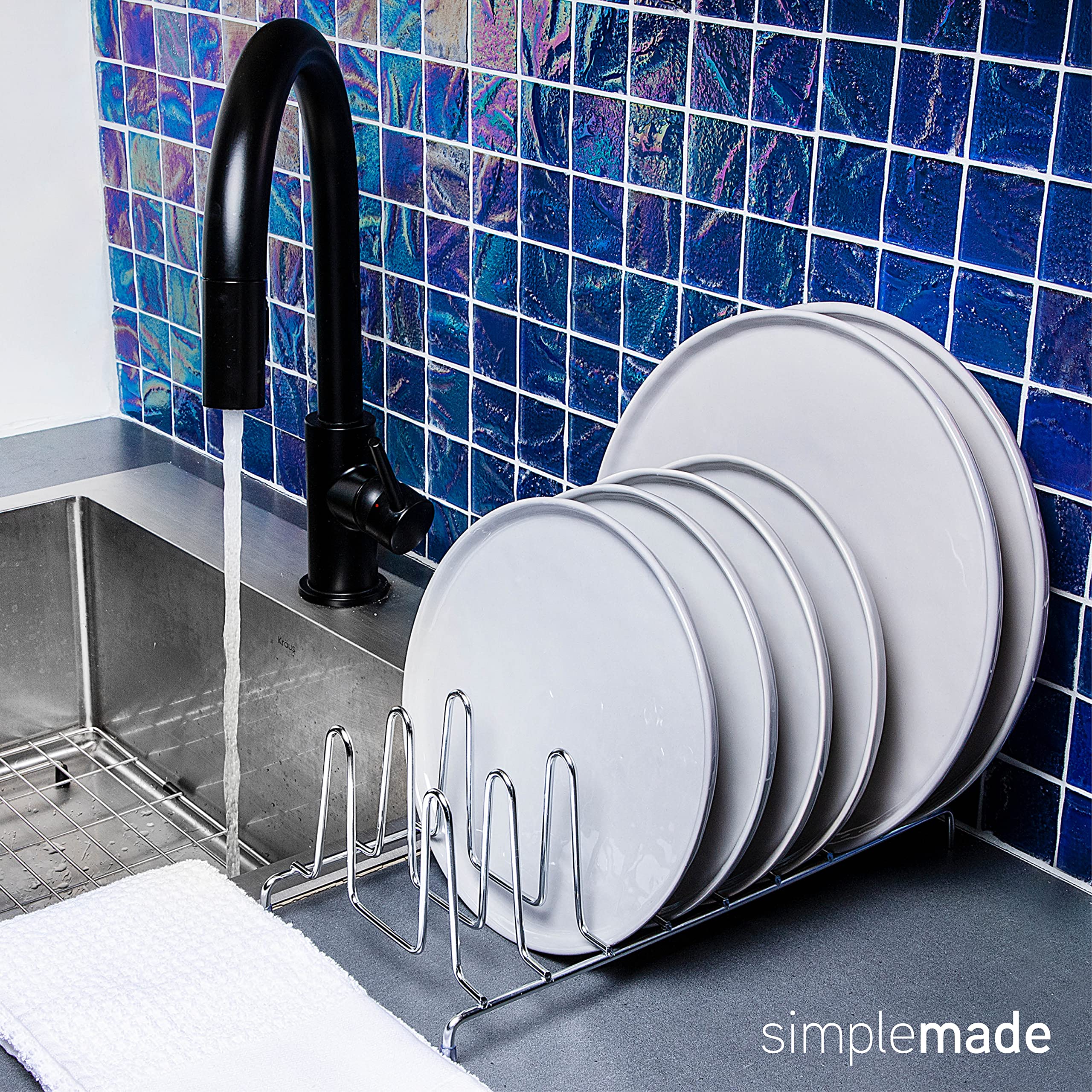 SIMPLEMADE Kitchen Dish Rack Organizer - 2 Wire Metal Cabinet Organizers and Storage Rack for Plates, Dishes, Pots, Pot Lids, Pan Lids, Container Lids - Shelf, Counter & Pantry Organization (Chrome)