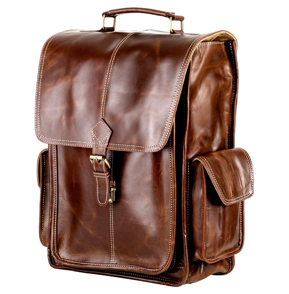 Gratlin 16" Buffalo Leather Backpack for Men | Full Grain Brown Leather Laptop Backpack | Best Backpack Bag for Travel Casual Bookbag Camping Rucksack Daypack Knapsack for Women | Leather Luggage Bags