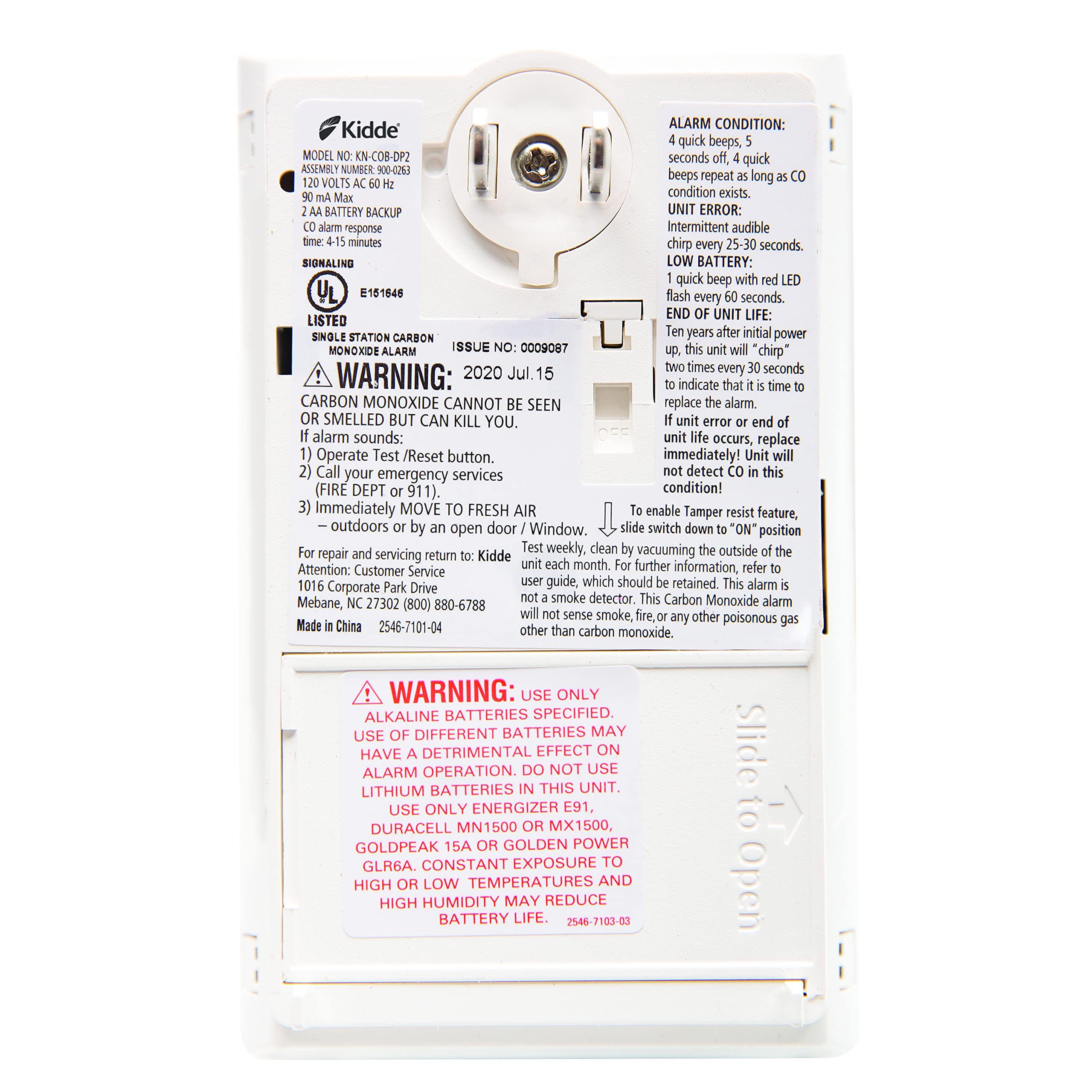 Kidde Carbon Monoxide Detector, AC Plug-In with Battery Backup, CO Alarm with Replacement Alert