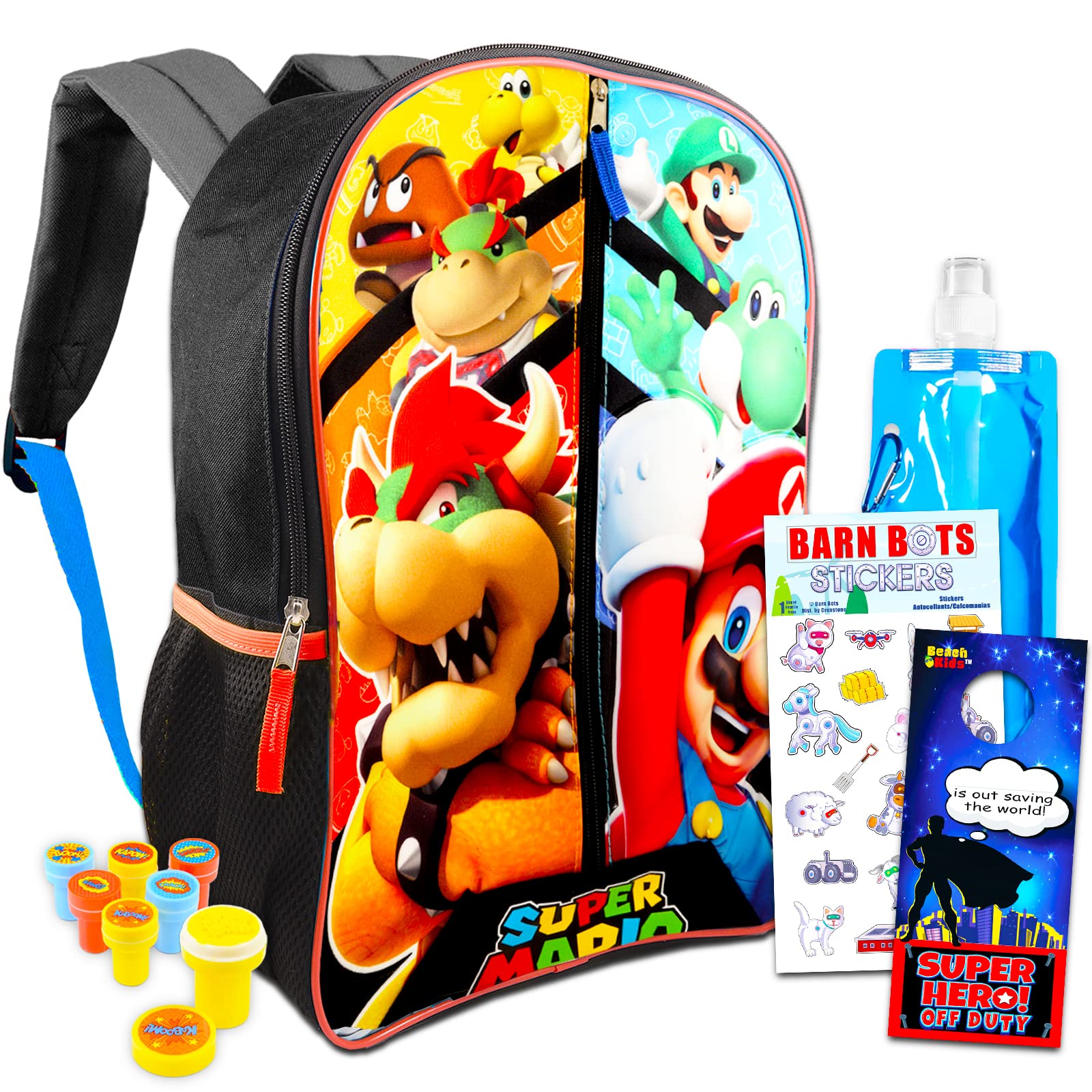 Super Mario Backpack for Kids - 16" Mario and Luigi Backpack Bundle with Over 300 Mario Stickers, Superhero Stampers, and More (Super Mario Backpack for Boys)