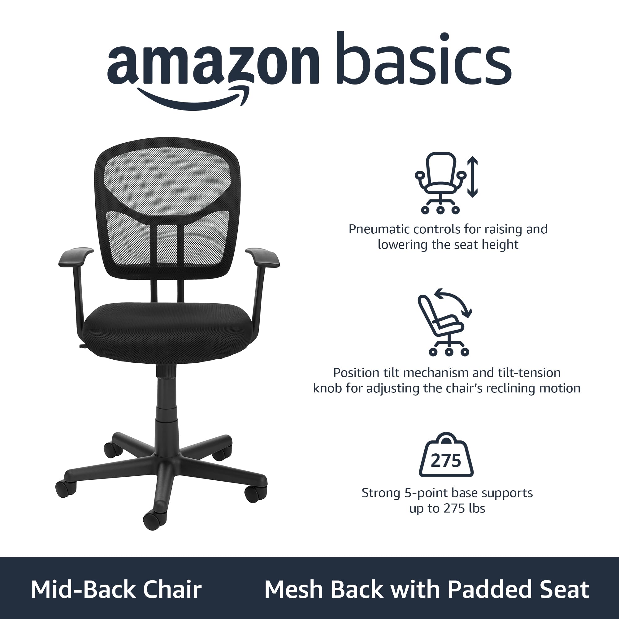 Amazon Basics Mesh, Mid-Back, Adjustable, Swivel Office Desk Chair with Armrests, Black