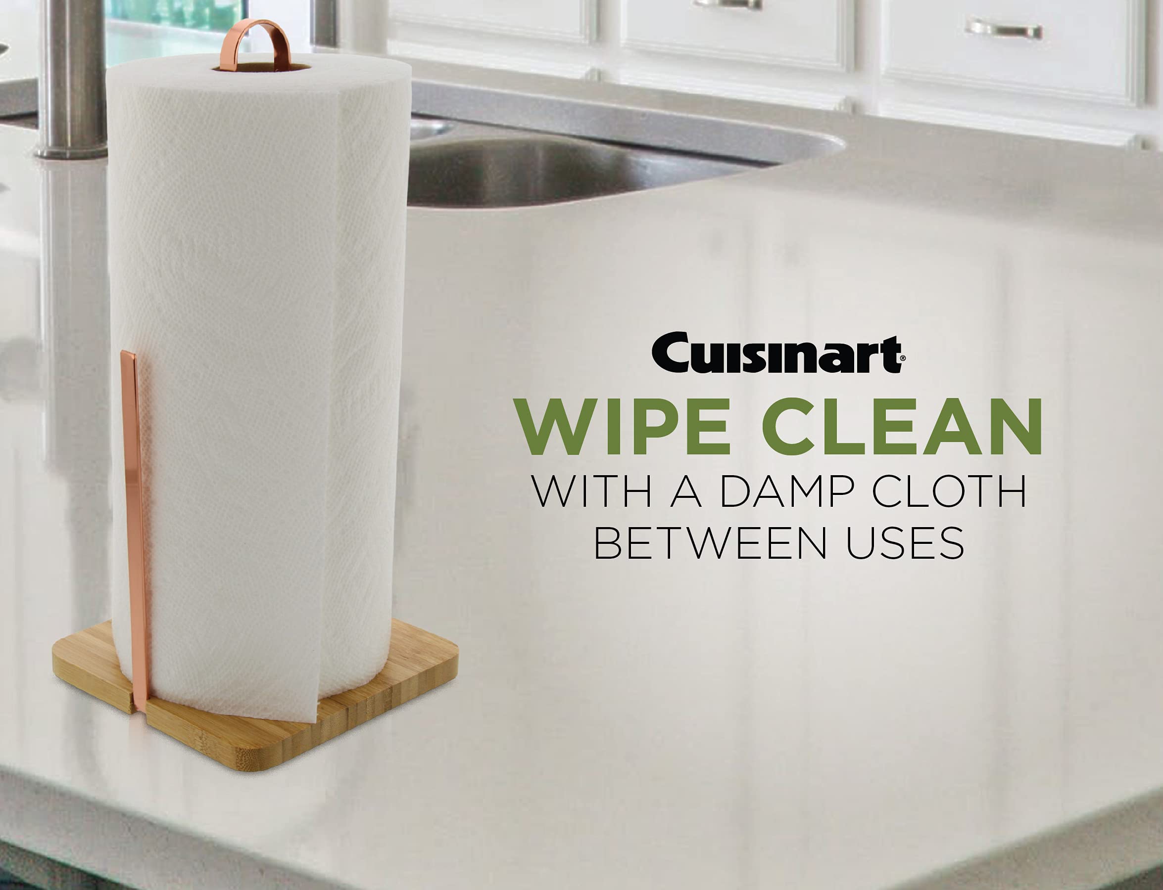 Cuisinart Stainless Steel Finish Paper Towel Holder with Solid Bamboo Base, Stainless Steel Arm for Tear Assistance, Countertop Paper Towel Dispenser, Fits Any Size Kitchen Towel Roll - Copper Finish