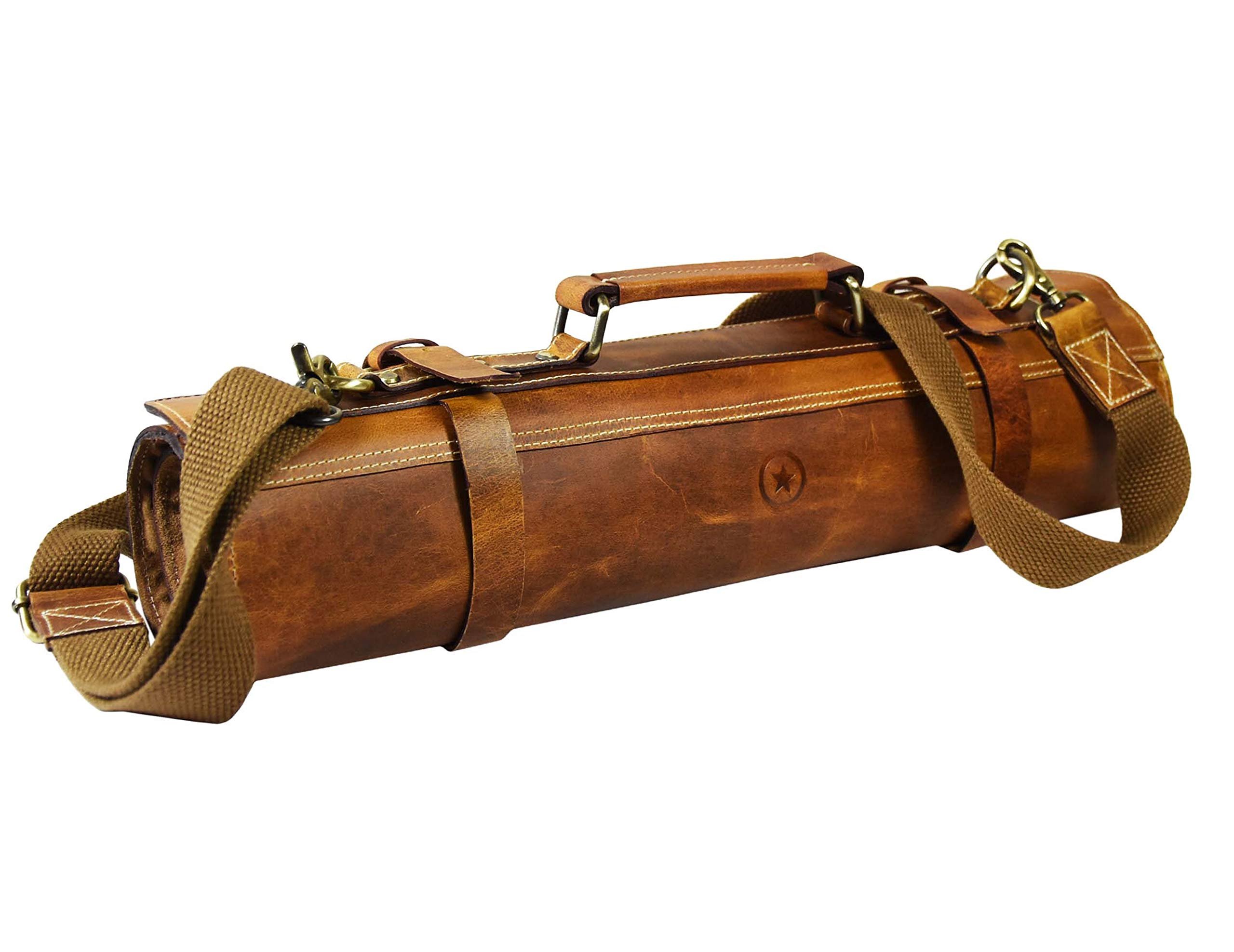 Aaron Leather Goods Vendimia Estilo Leather Knife Roll Storage Bag, Elastic and Expandable 10 Pockets, Adjustable/Detachable Shoulder Strap, Travel-Friendly Chef Knife Case Roll (Caramel, Leather)