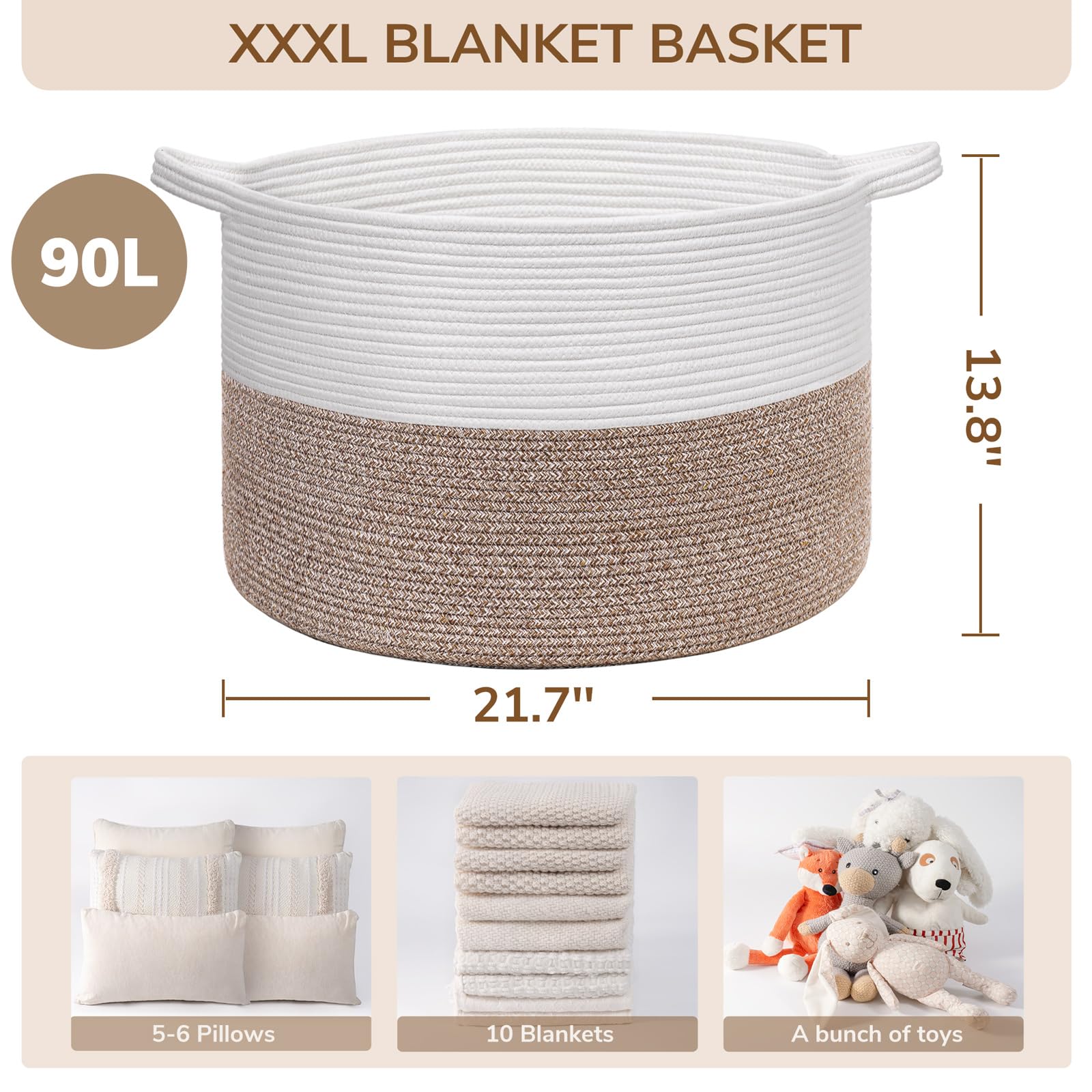 INDRESSME XXXLarge Cotton Rope Basket 21.7" x 21.7" x 13.8" Woven Baby Laundry Blanket Basket Toy Basket with Handle Storage Comforter Cushions Thread Laundry Hamper