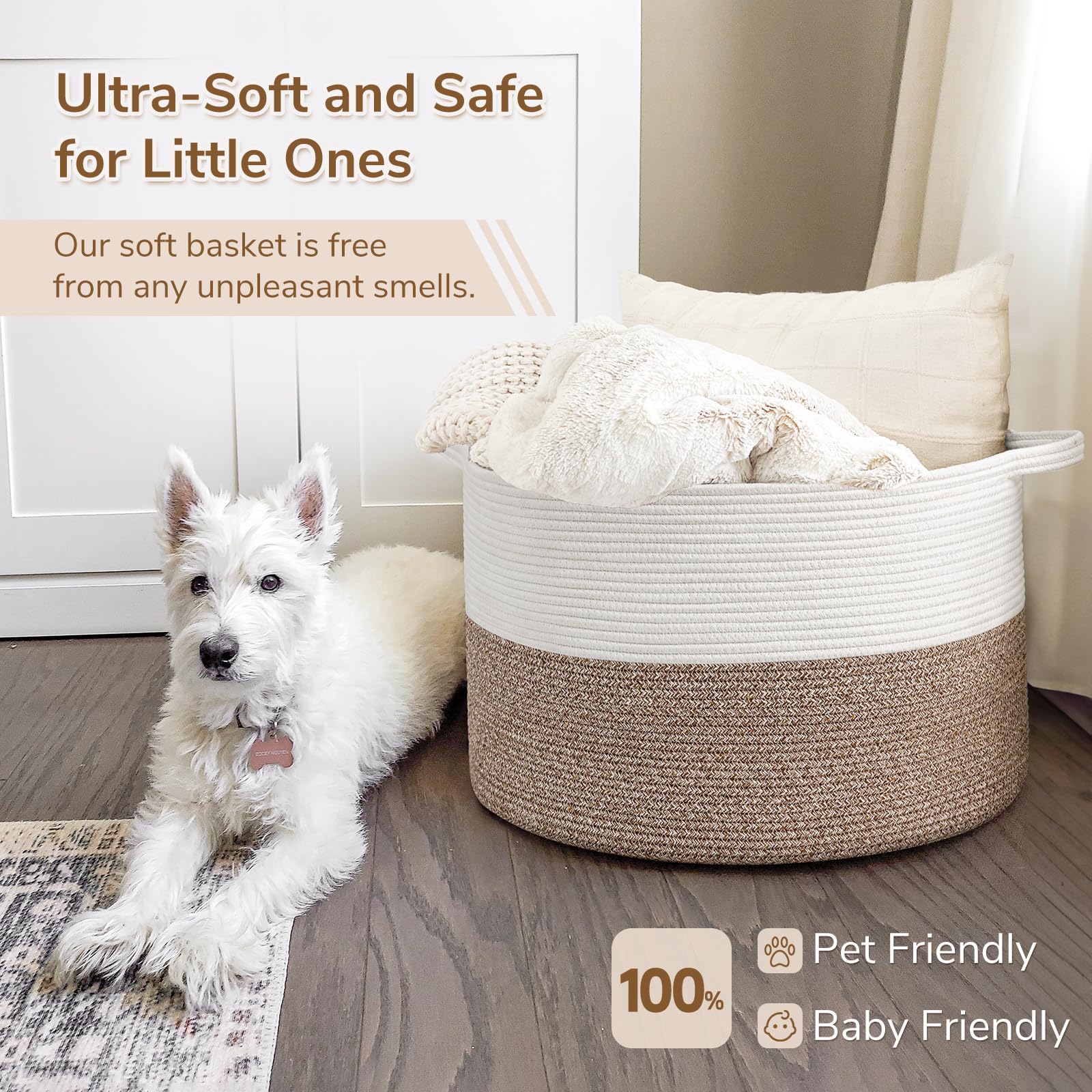INDRESSME XXXLarge Cotton Rope Basket 21.7" x 21.7" x 13.8" Woven Baby Laundry Blanket Basket Toy Basket with Handle Storage Comforter Cushions Thread Laundry Hamper