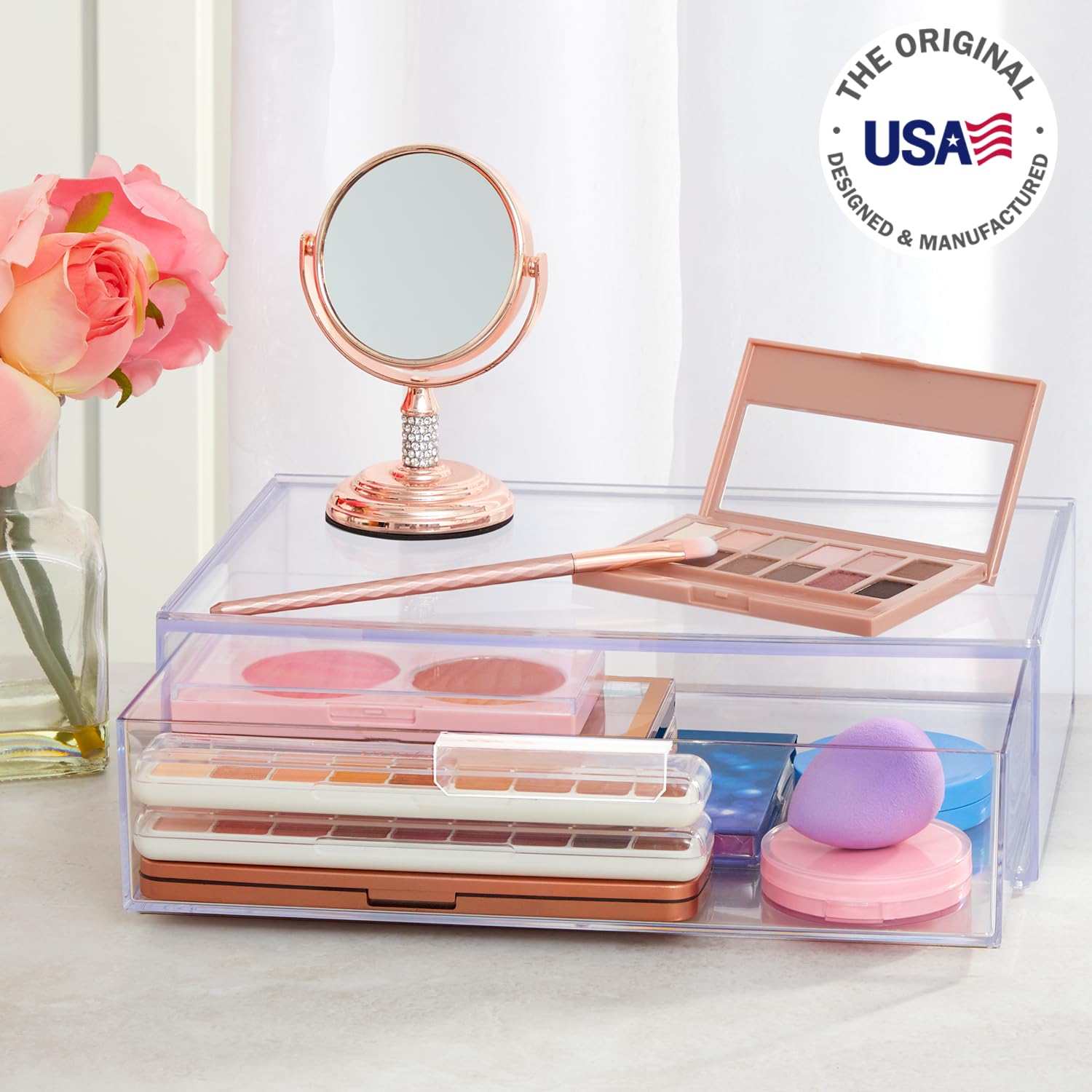 STORi Audrey Stackable Clear Plastic Organizer Drawer | 12-Inches Wide | Organize Eyeshadow Palettes, Cosmetics, and Beauty Supplies on a Vanity | Made in USA