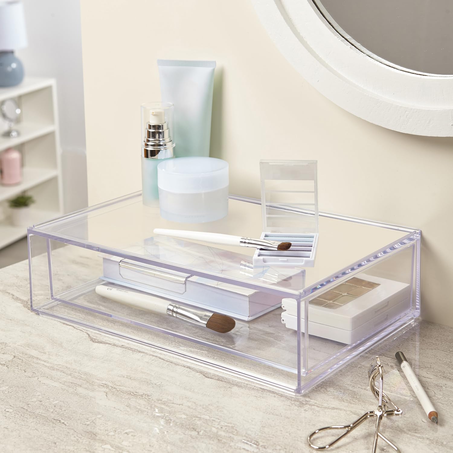 STORi Audrey Stackable Clear Plastic Organizer Drawer | 12-Inches Wide | Organize Eyeshadow Palettes, Cosmetics, and Beauty Supplies on a Vanity | Made in USA