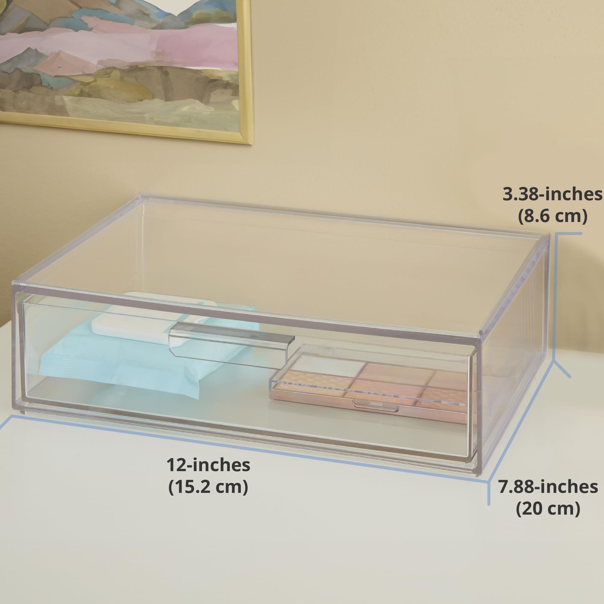 STORi Audrey Stackable Clear Plastic Organizer Drawer | 12-Inches Wide | Organize Eyeshadow Palettes, Cosmetics, and Beauty Supplies on a Vanity | Made in USA