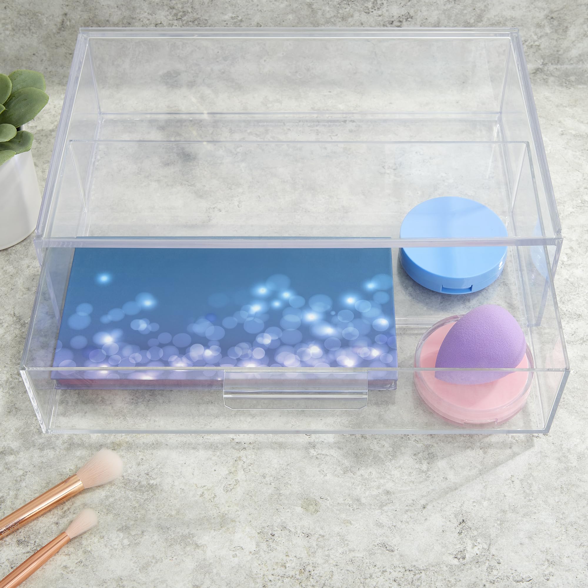 STORi Audrey Stackable Clear Plastic Organizer Drawer | 12-Inches Wide | Organize Eyeshadow Palettes, Cosmetics, and Beauty Supplies on a Vanity | Made in USA
