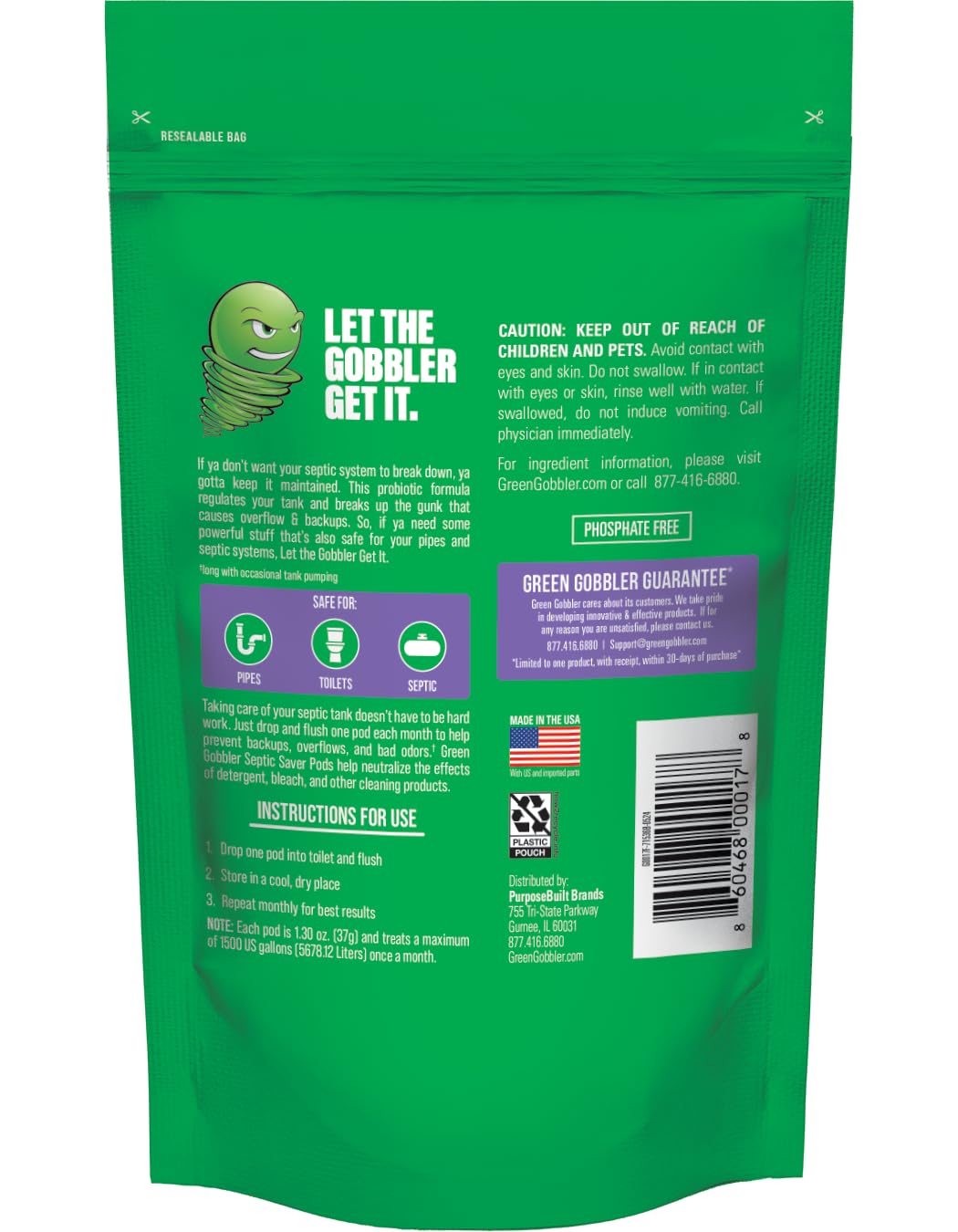 Green Gobbler SEPTIC SAVER Treatment Pods with Bacteria For Healthy Septic System, 6 Month Supply, 1.30 oz (Package May Vary)
