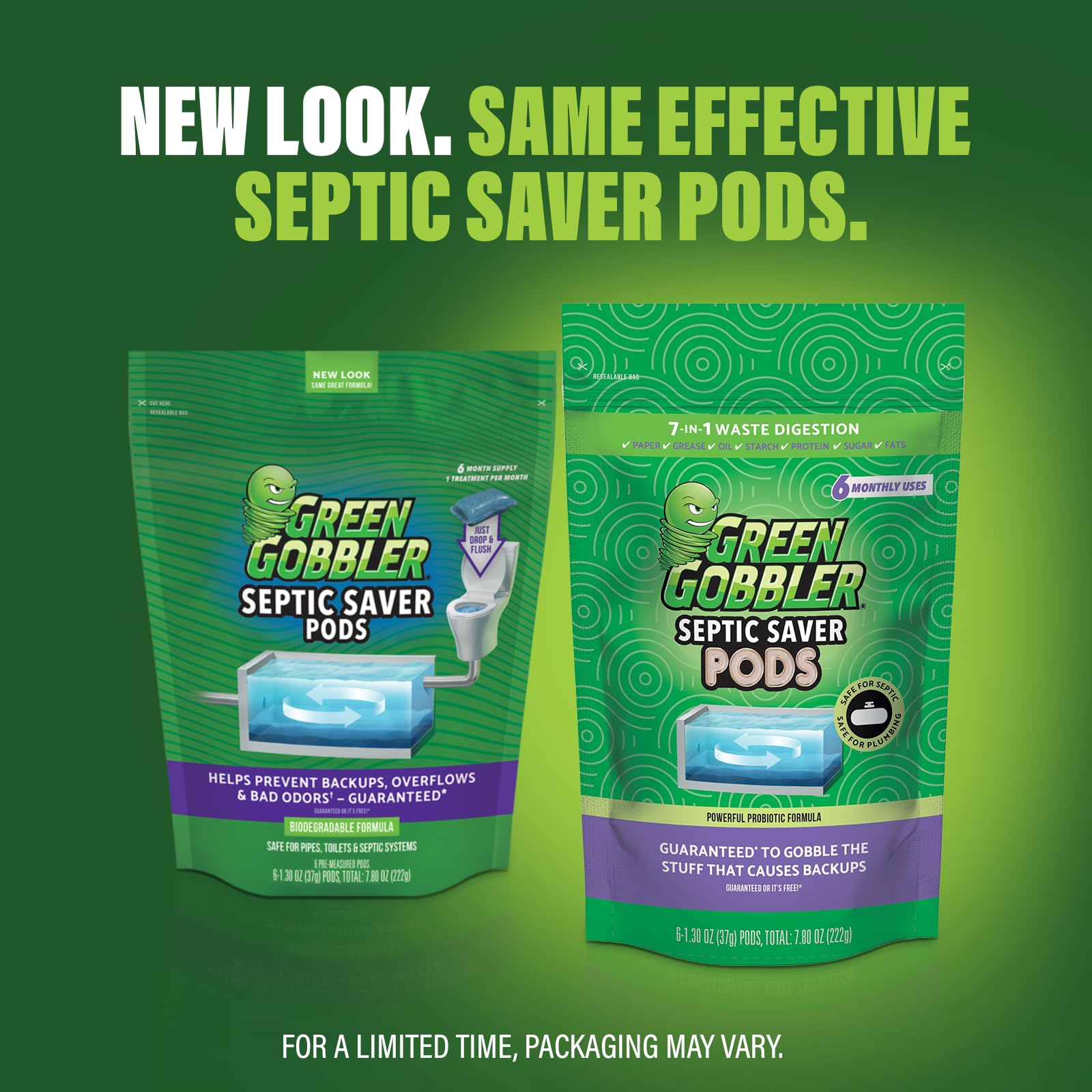 Green Gobbler SEPTIC SAVER Treatment Pods with Bacteria For Healthy Septic System, 6 Month Supply, 1.30 oz (Package May Vary)