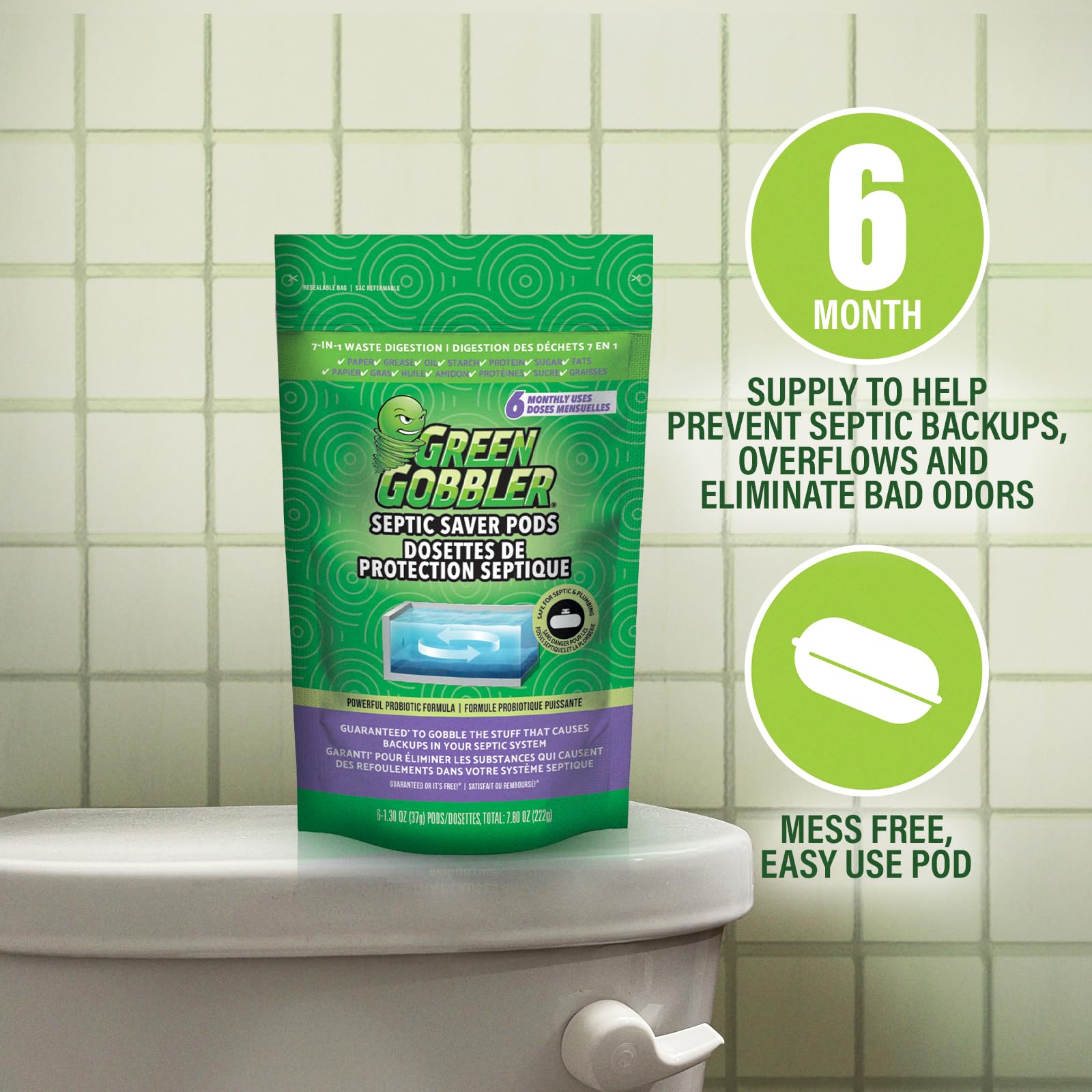 Green Gobbler SEPTIC SAVER Treatment Pods with Bacteria For Healthy Septic System, 6 Month Supply, 1.30 oz (Package May Vary)