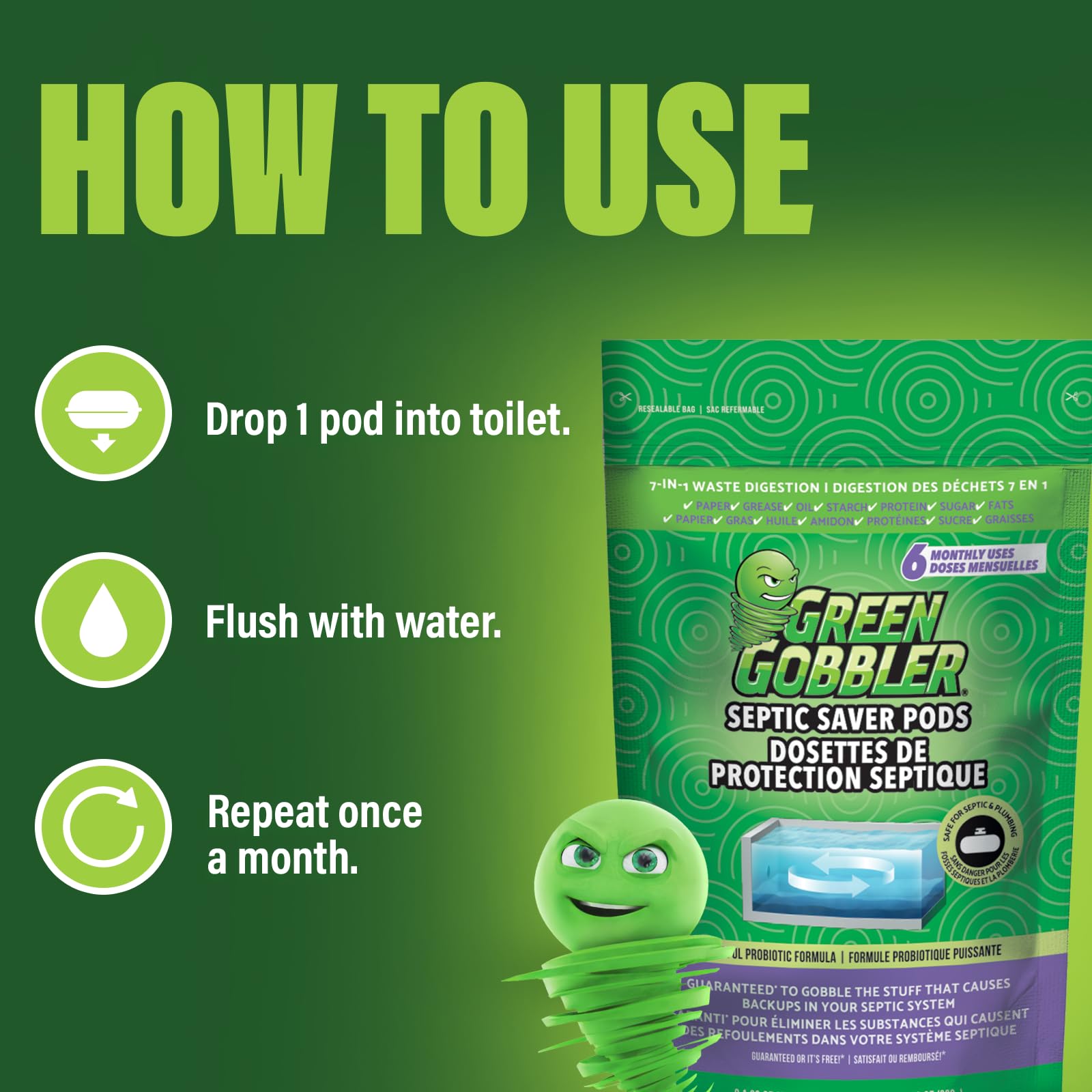 Green Gobbler SEPTIC SAVER Treatment Pods with Bacteria For Healthy Septic System, 6 Month Supply, 1.30 oz (Package May Vary)