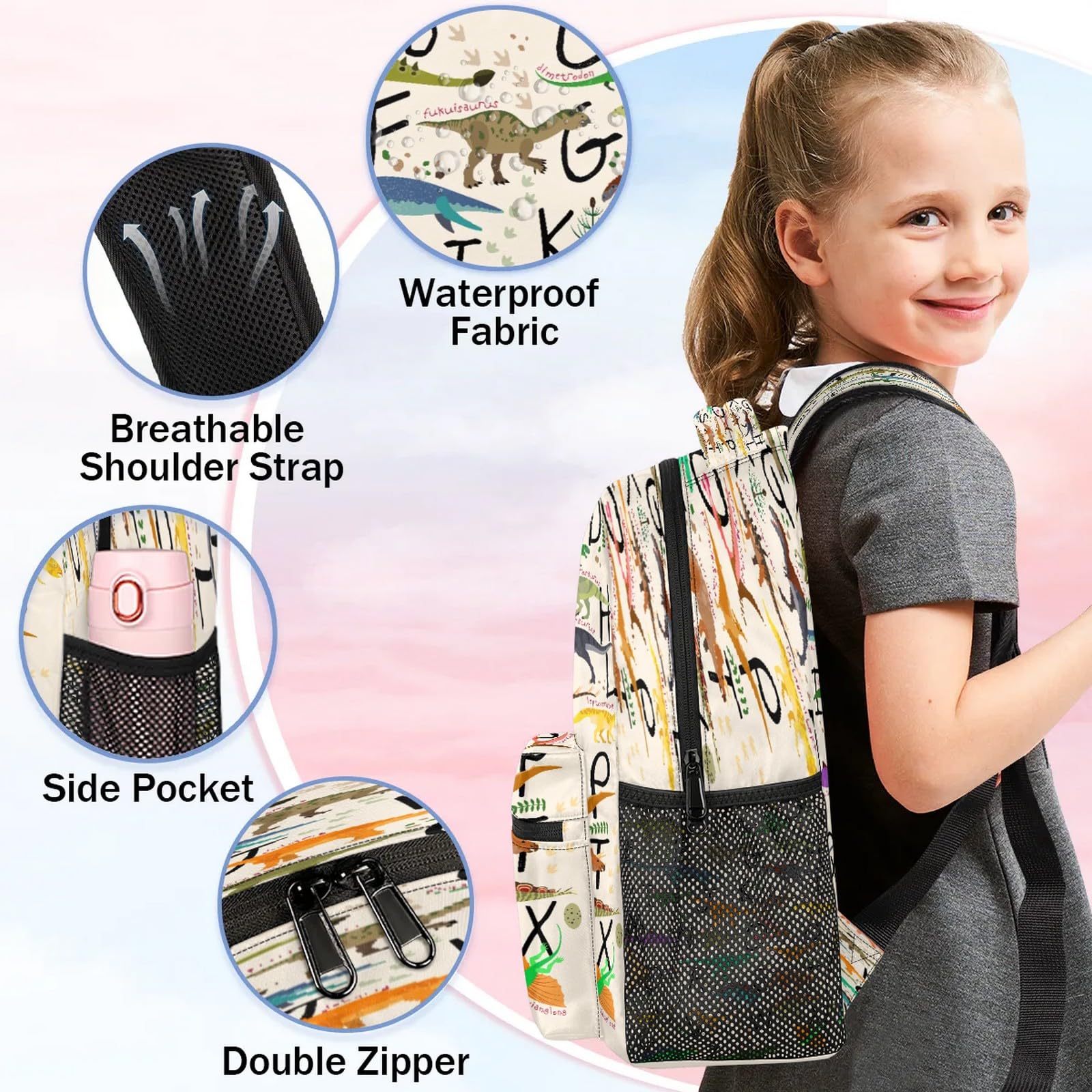 Alphabet Dinosaur Backpack for School Kids Girls Boys Education Letter Bookbag Laptop Backpack 14 Inch Travel Daypack Student Computer Bag for Women Teen Girls College Work