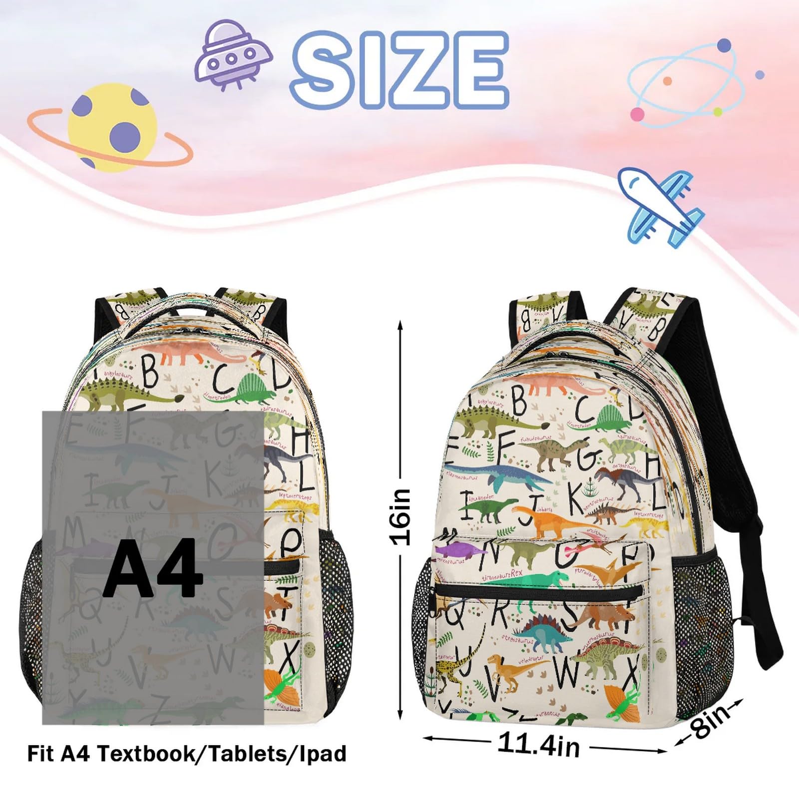 Alphabet Dinosaur Backpack for School Kids Girls Boys Education Letter Bookbag Laptop Backpack 14 Inch Travel Daypack Student Computer Bag for Women Teen Girls College Work