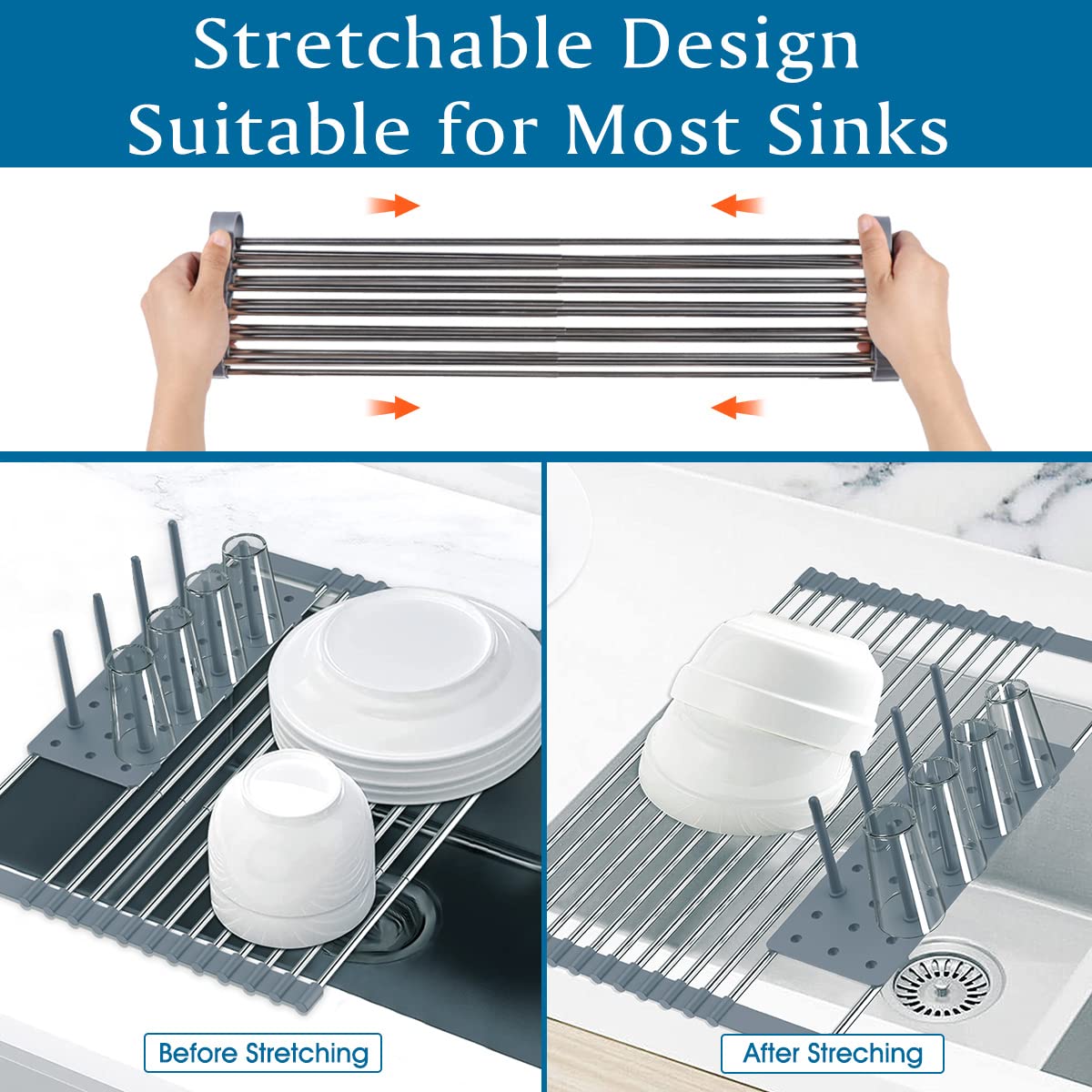 FHYNUI Roll Up Dish Drying Rack Over The Sink, 12.6"x22.9" Adjustable Foldable Sink Rack Stainless Steel Multipurpose Dish Drainer Drying Mat for Kitchen Counter with Cup Holder