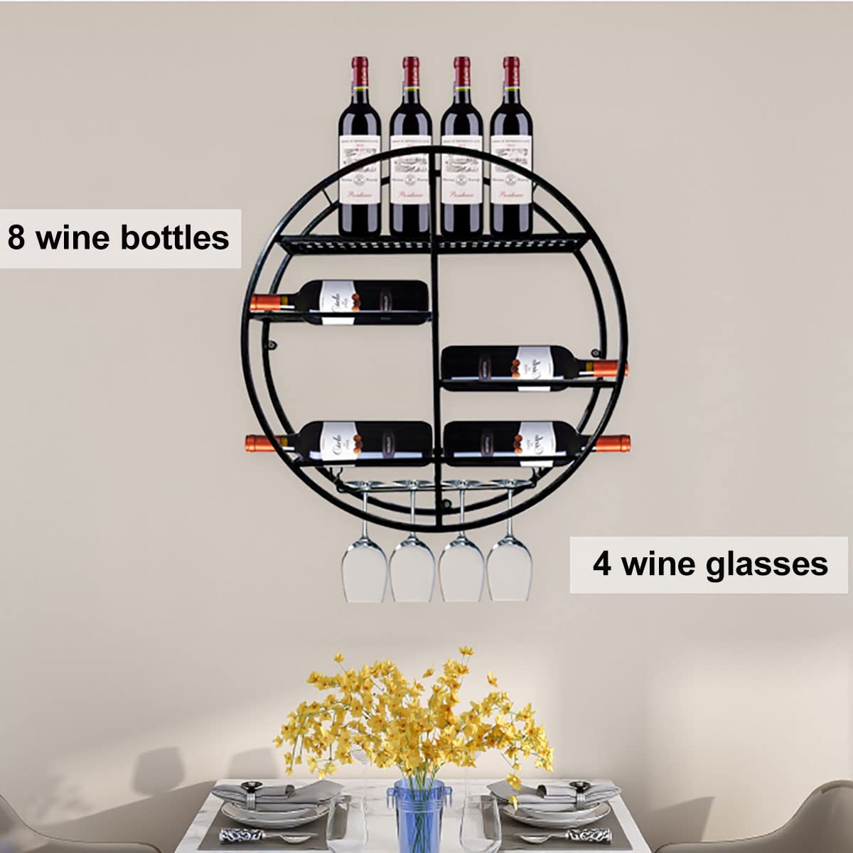 Wall Mounted Wine Rack, Elegant Black Metal Round Wine Glass Holder for Home Bar and Kitchen Décor - Space-Saving Wine Bottle Organizer and Glass Shelf for Parties and Entertaining - 23.6 Inches
