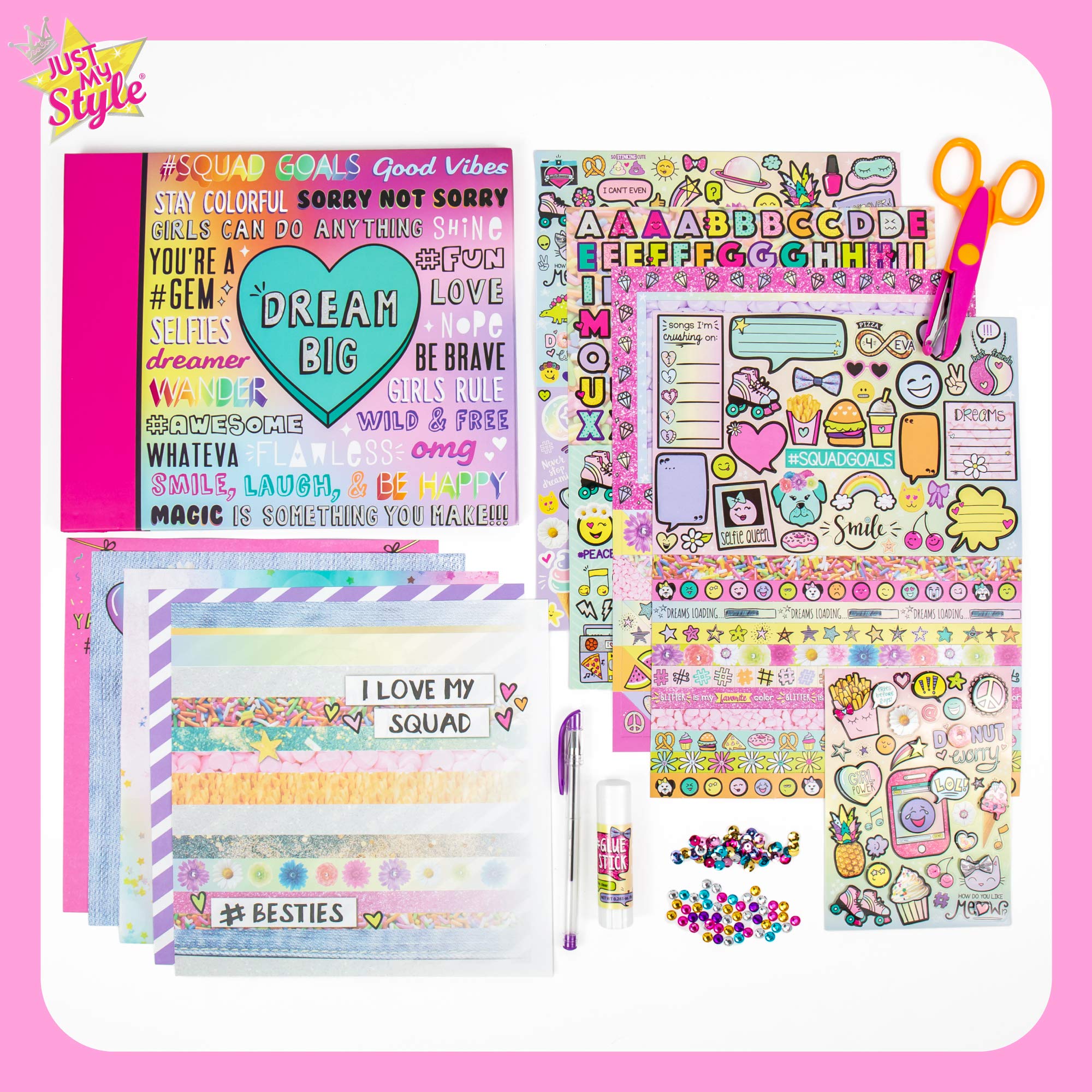 Just My Style Ultimate Scrapbook, Personalize and Decorate A 40-Page DIY Scrapbook, Great for Travel, Road Trips & On-The-Go, Memory Keeper Scrap Book for Kids & Tween Ages 6, 7, 8, 9