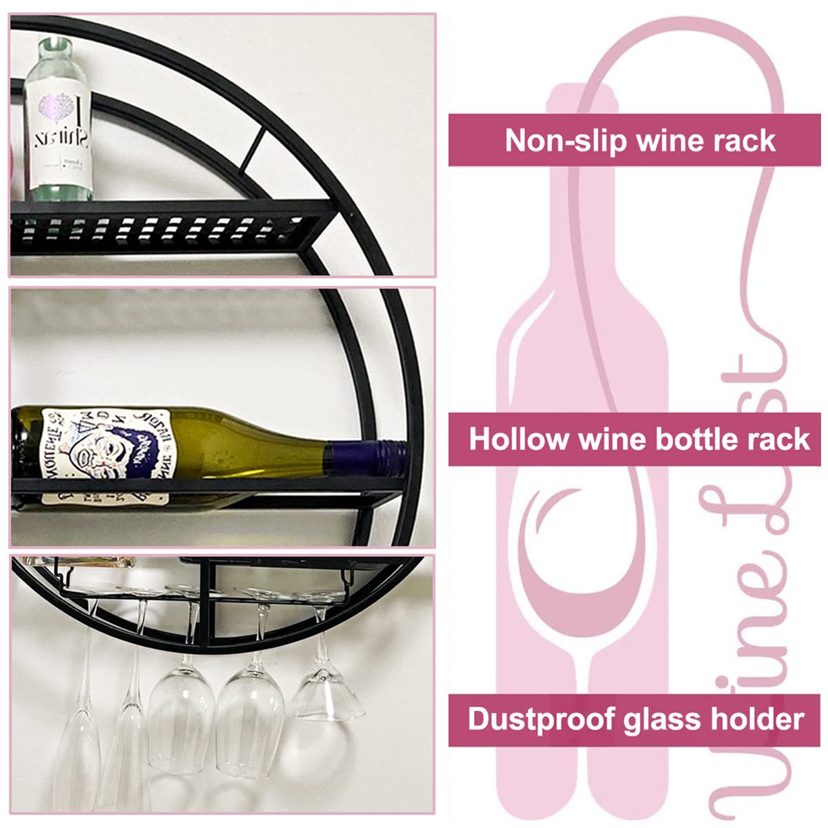 Wall Mounted Wine Rack, Elegant Black Metal Round Wine Glass Holder for Home Bar and Kitchen Décor - Space-Saving Wine Bottle Organizer and Glass Shelf for Parties and Entertaining - 23.6 Inches