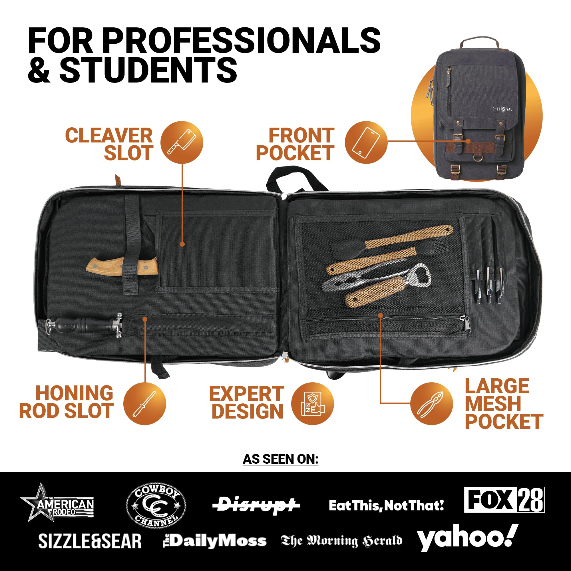 Chef Knife Bag Retro Backpack | 20+ Slots for Knives and Chef Tools | Knife Carrying Case with Hidden Back Pocket for Tablet | Sturdy Knife Bags For Chefs & Culinary Students | Premium Canvas (Black)