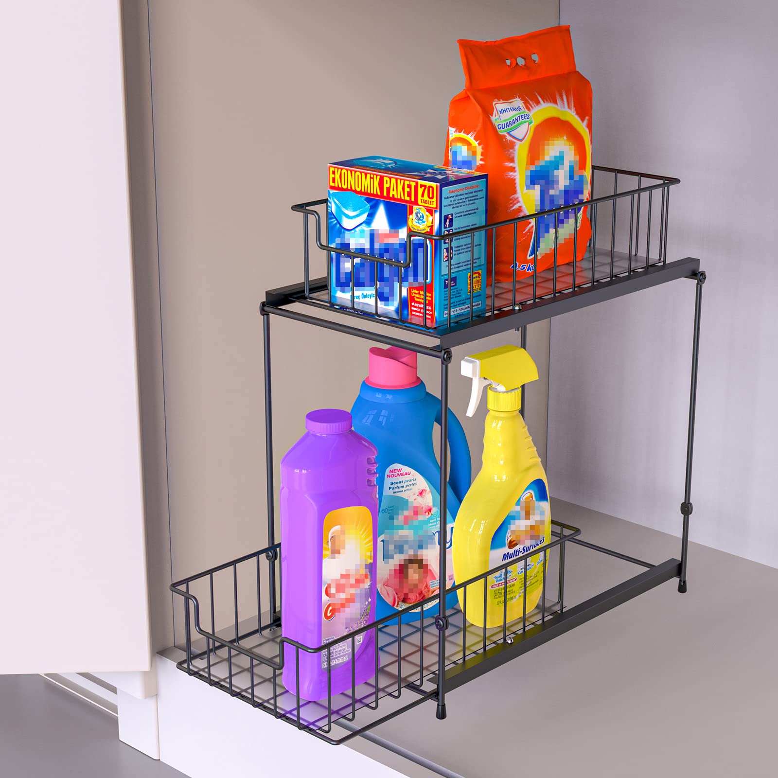 FixOwl Under Sink Organizer, 2-Tier Kitchen Cabinet Organizer with Sliding Storage Basket Drawers, Multi-purpose Cabinet Organizer Black