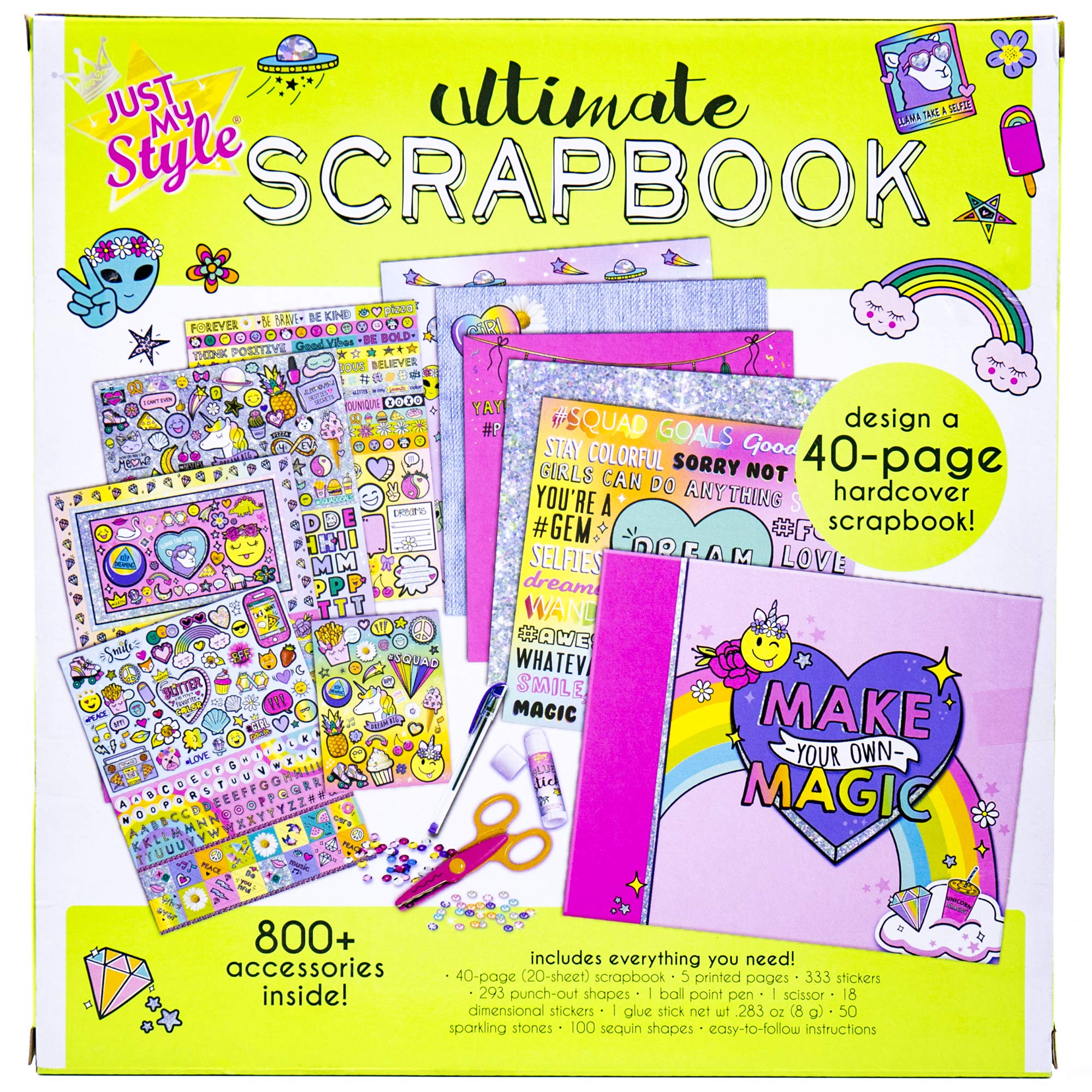 Just My Style Ultimate Scrapbook, Personalize and Decorate A 40-Page DIY Scrapbook, Great for Travel, Road Trips & On-The-Go, Memory Keeper Scrap Book for Kids & Tween Ages 6, 7, 8, 9