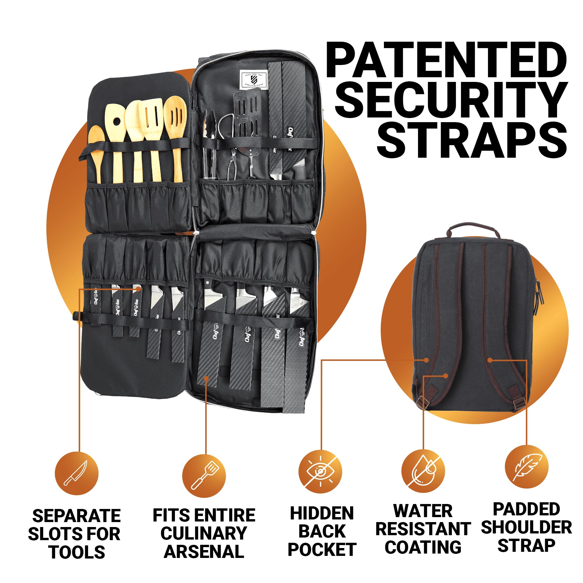 Chef Knife Bag Retro Backpack | 20+ Slots for Knives and Chef Tools | Knife Carrying Case with Hidden Back Pocket for Tablet | Sturdy Knife Bags For Chefs & Culinary Students | Premium Canvas (Black)