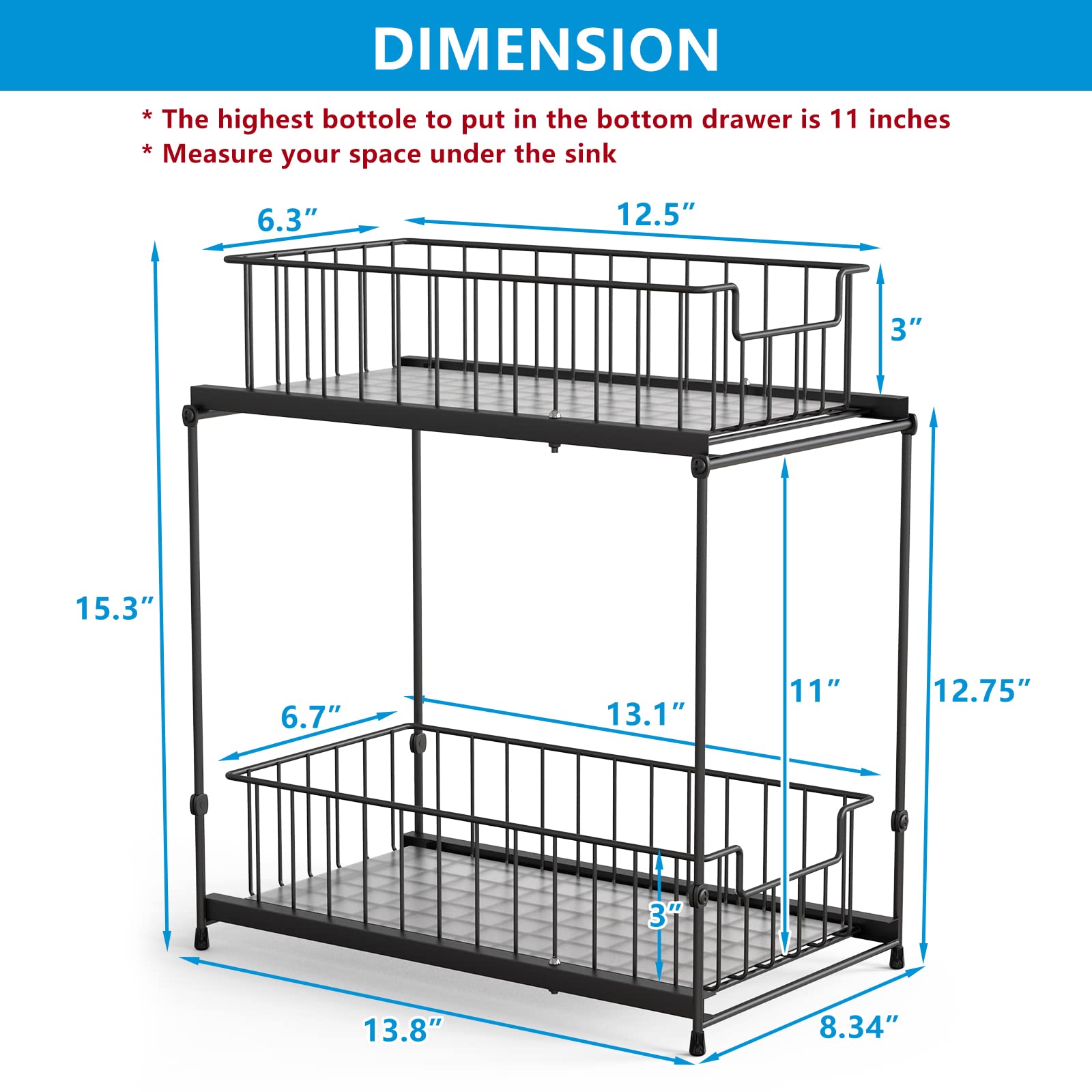 FixOwl Under Sink Organizer, 2-Tier Kitchen Cabinet Organizer with Sliding Storage Basket Drawers, Multi-purpose Cabinet Organizer Black