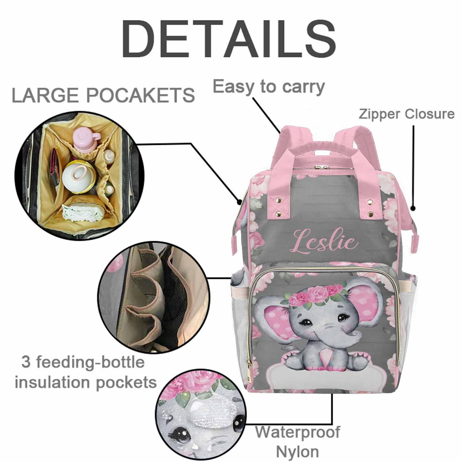 InterestPrint Personalized Baby Elephant with Pink Rose Flowers Diaper Bag Nursing Baby Bags Nappy Bag Travel Daypack for Mom Dad Girl