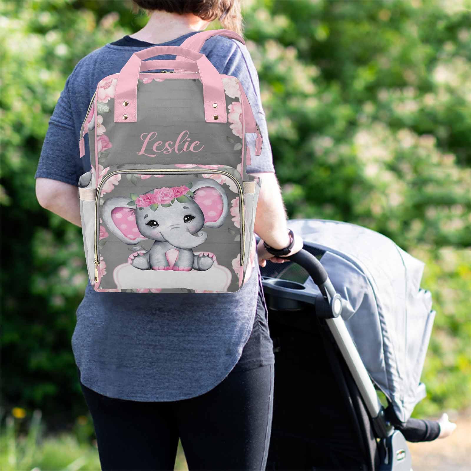 InterestPrint Personalized Baby Elephant with Pink Rose Flowers Diaper Bag Nursing Baby Bags Nappy Bag Travel Daypack for Mom Dad Girl