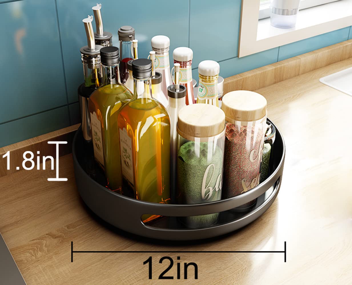 BULTIWEUD 1 Tier Lazy Susan Turntable Spice Rack Organizer Food Storage Container for Kitchen Cabinet, Spinning Organizer for Spices,Condiments,Black