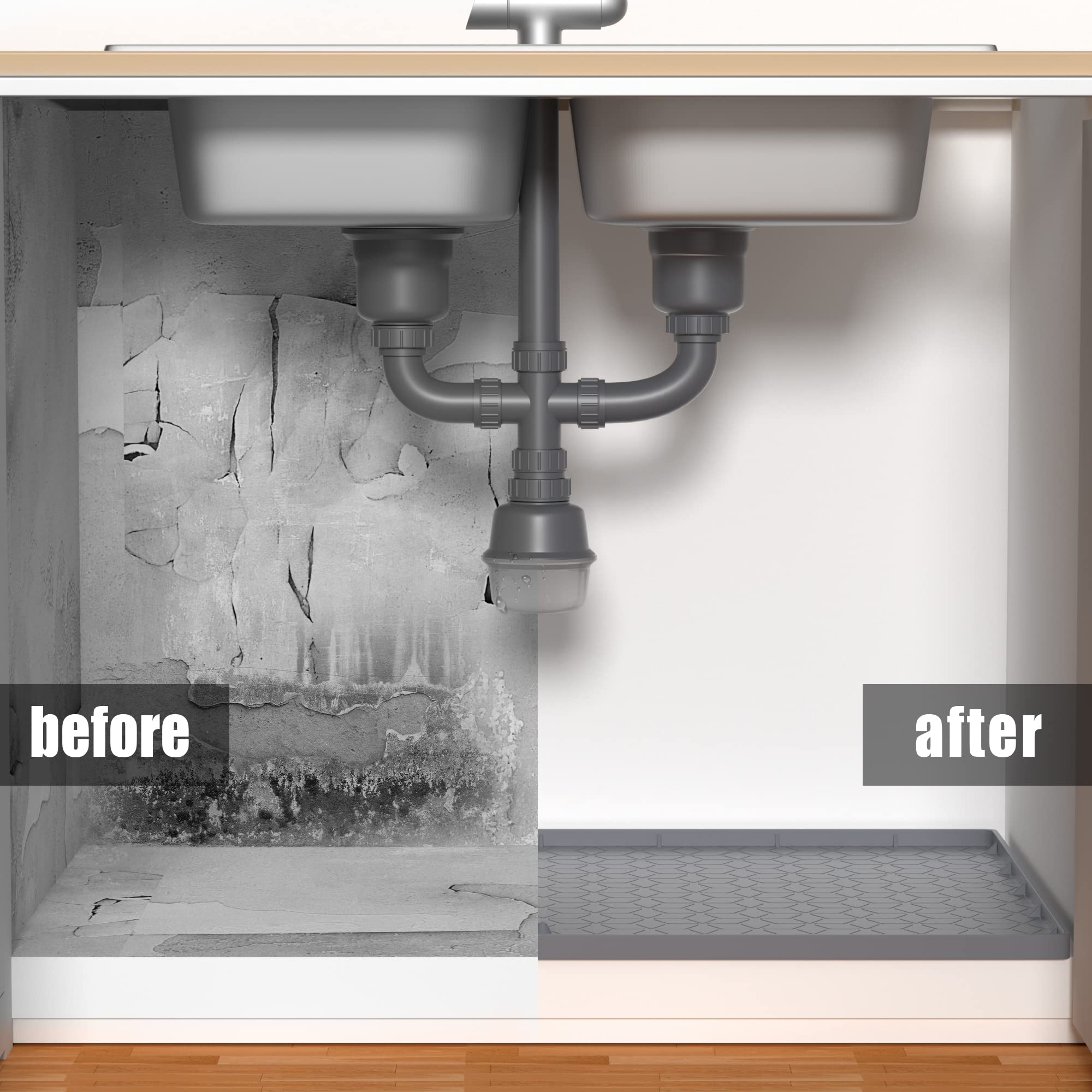 BAIHUI Under Sink Kitchen Cabinet Mat- 34" x 22" Flexible Waterproof Silicone Cabinet Protector & Drip Tray Liner Unique Drain Hole Design- Hold up to 3 Gallons of Liquid