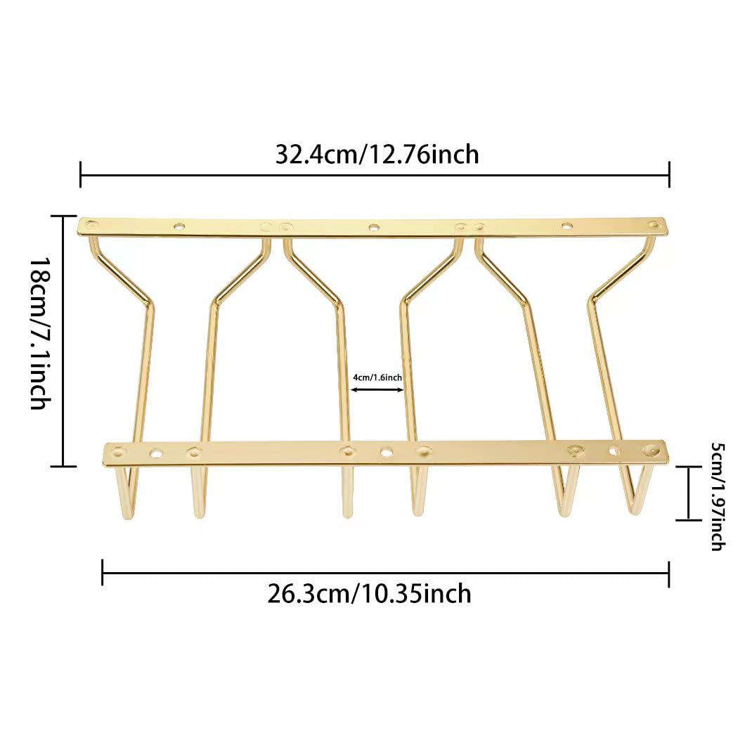 Dianoo 18cm Gold Wine Glass Rack, Wine Glass Holder Under Cabinet, Wine Glass Organizer, Hanging Stemware Holder For Bar Kitchen, 3 Rows