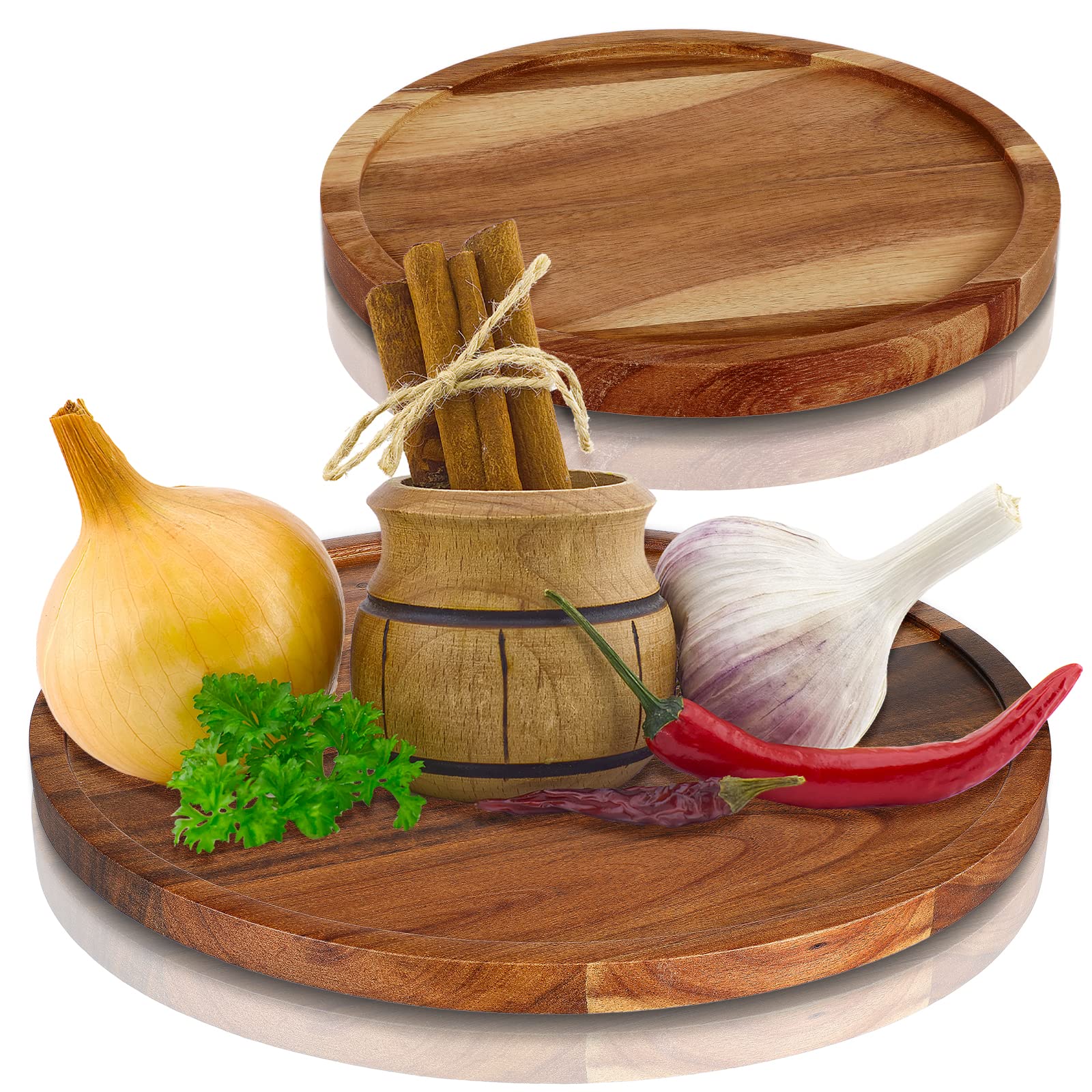2 Pack Acacia Wood Lazy Susan Organizer 12 Inch 9 Inch Wooden Lazy Susan Turntable Non Skid Rotating Kitchen Tray for Counter Kitchen Turntable Storage for Cabinet Pantry Countertop Bathroom Table