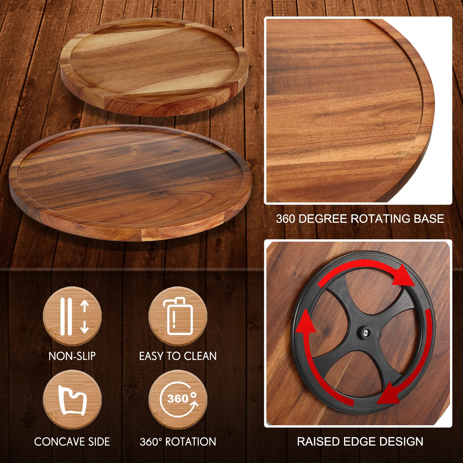 2 Pack Acacia Wood Lazy Susan Organizer 12 Inch 9 Inch Wooden Lazy Susan Turntable Non Skid Rotating Kitchen Tray for Counter Kitchen Turntable Storage for Cabinet Pantry Countertop Bathroom Table