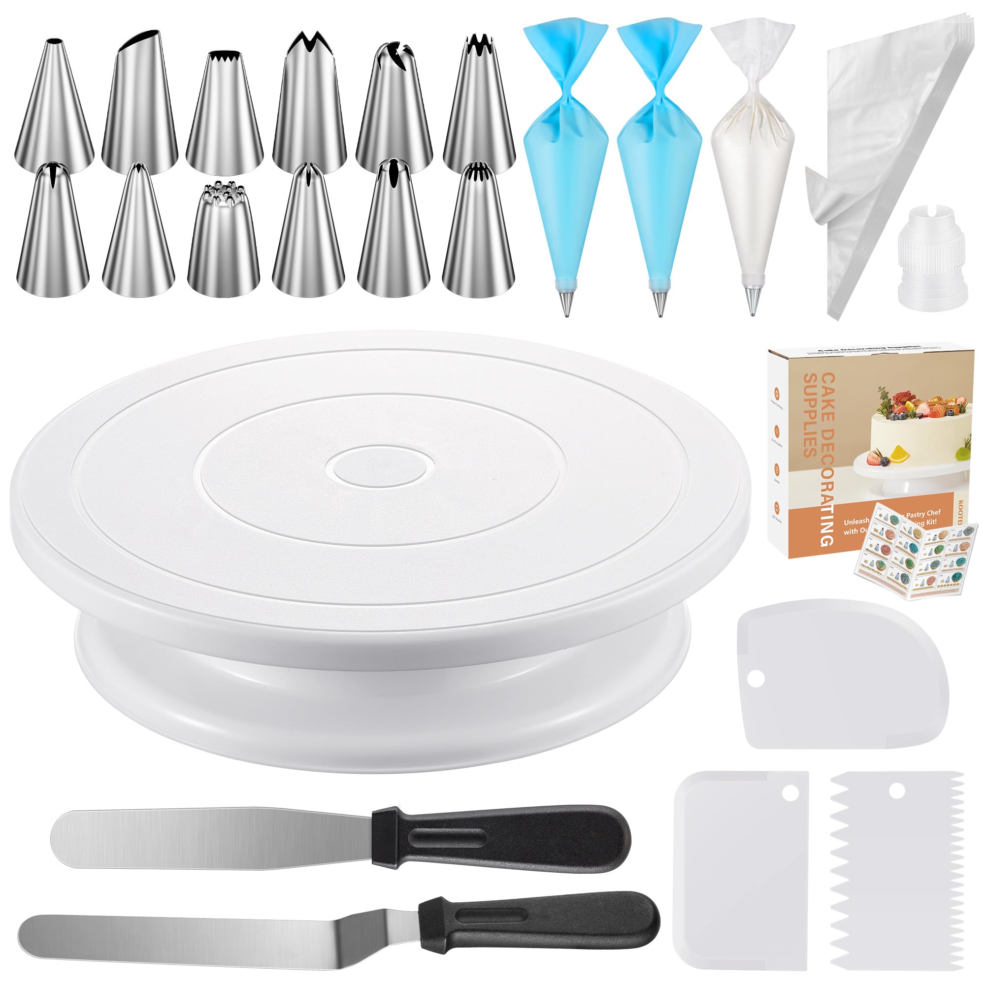Kootek Cake Decorating Kits Supplies with Cake Turntable, 12 Numbered Cake Decorating Tips, 2 Icing Spatula, 3 Icing Smoother, 2 Silicone Piping Bag, 50 Disposable Pastry Bags and 1 Coupler