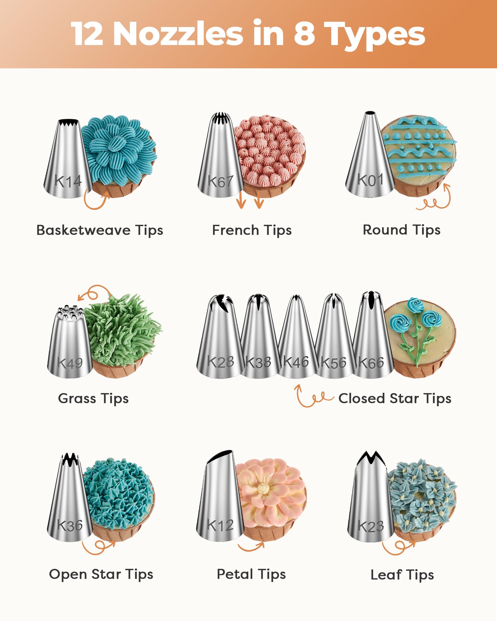 Kootek Cake Decorating Kits Supplies with Cake Turntable, 12 Numbered Cake Decorating Tips, 2 Icing Spatula, 3 Icing Smoother, 2 Silicone Piping Bag, 50 Disposable Pastry Bags and 1 Coupler