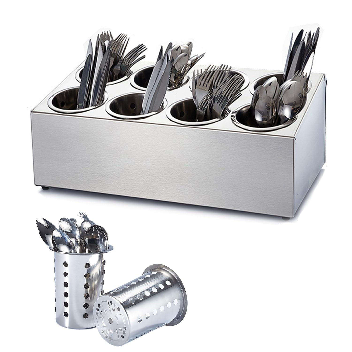 tonchean Stainless Steel Utensil Organizer, 8 Hole Commercial Silverware Caddy with Removable Cups, Restaurant Flatware Cylinder Holder Silverware Holder for Party