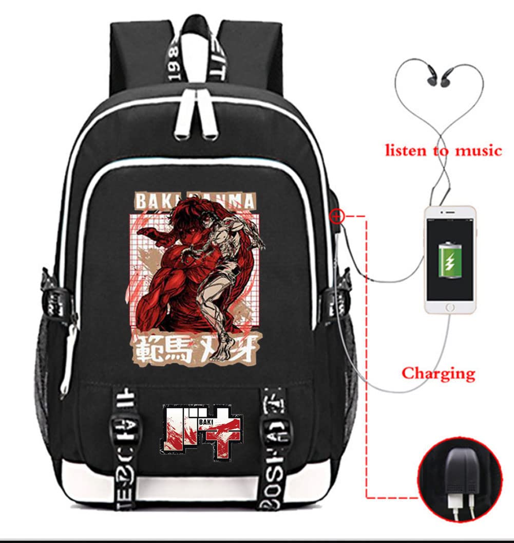 TIMMOR MAGIC Anime Baki Backpack with USB Charging Port, Schoolbags Bookbags.(Black4) One Size