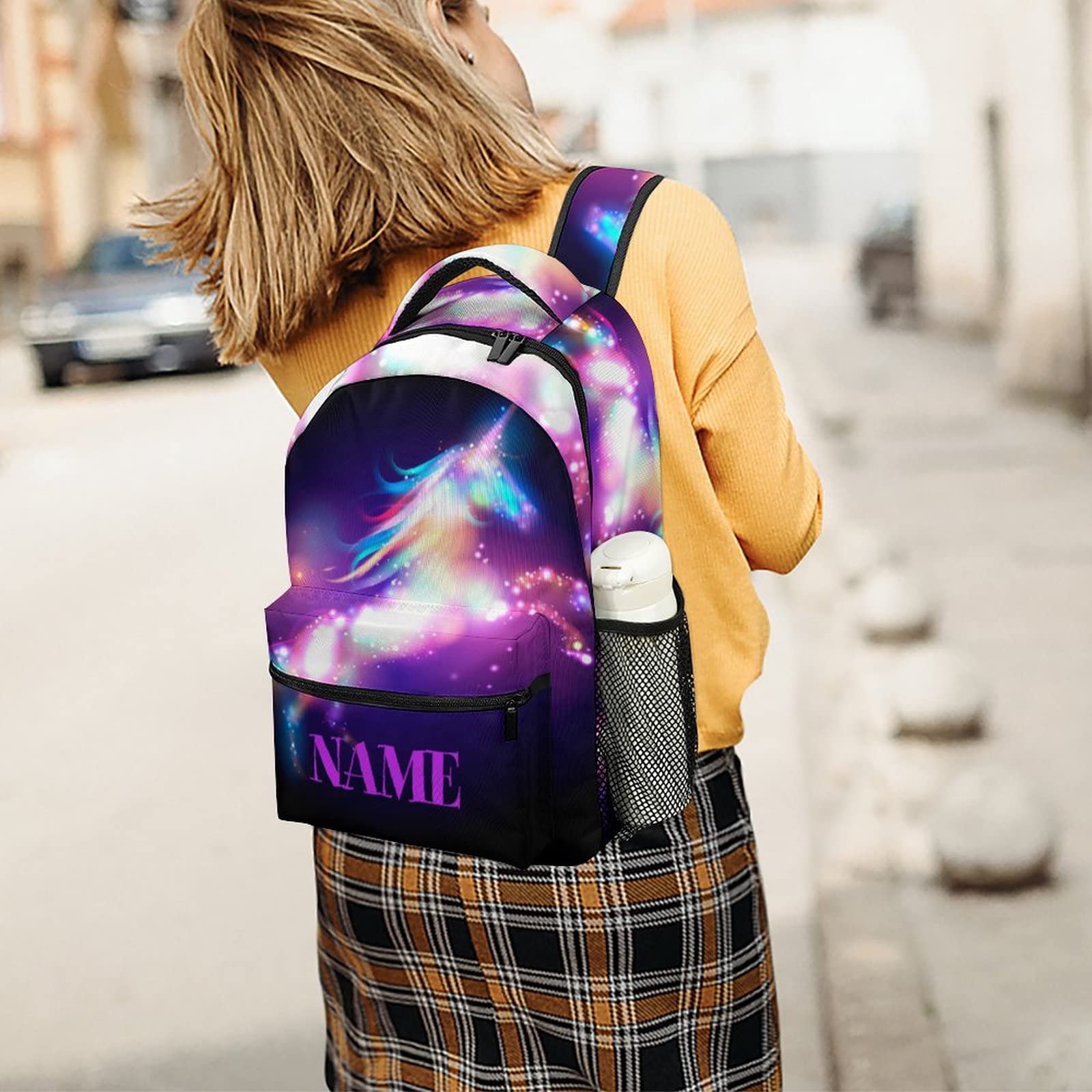 Custom Galaxy Purple Unicorn Backpack for Kids Boys Girls, Children Personalized Backpack with Name Text Customized Daypack Schoolbag for Student Bookbag