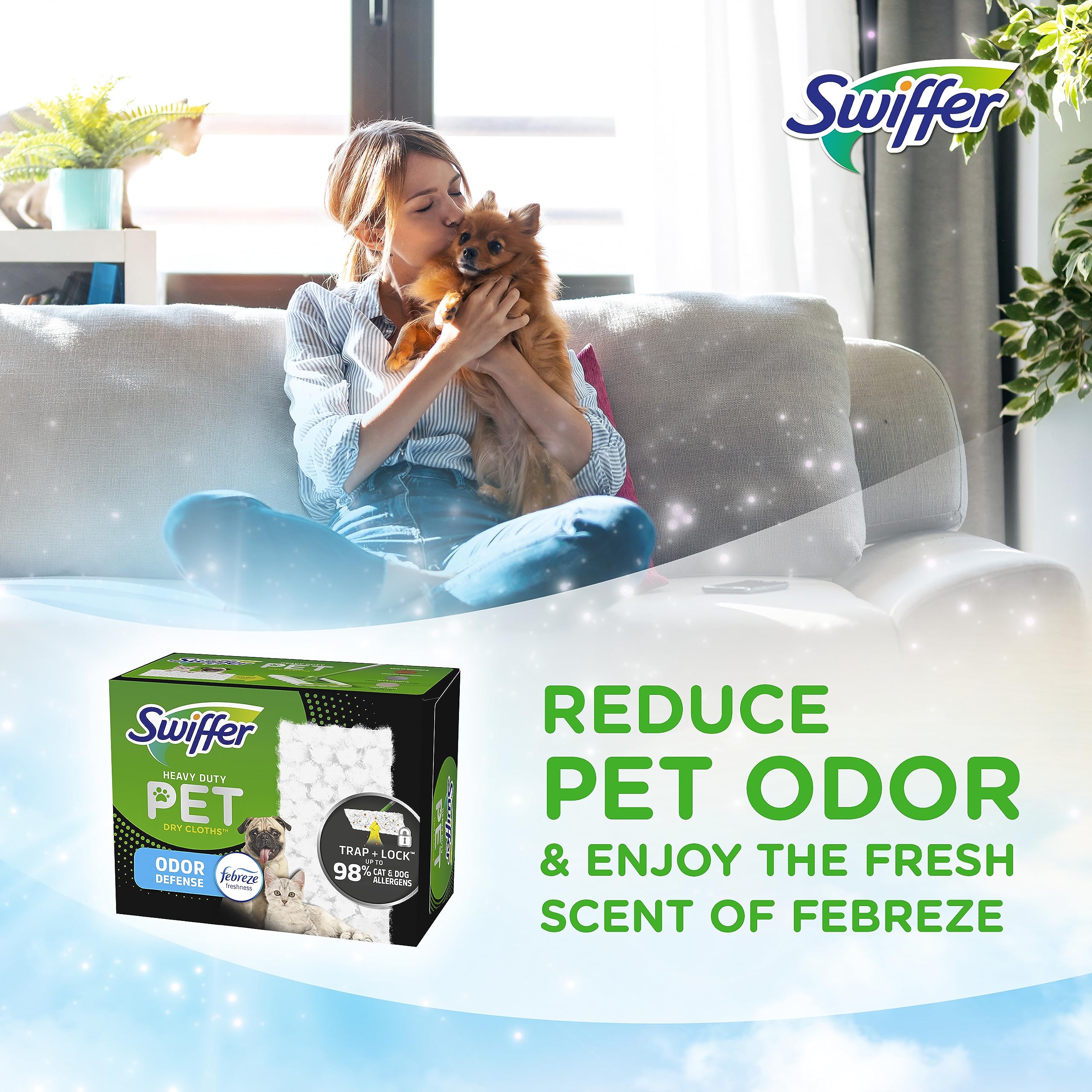Swiffer Sweeper Pet, Heavy Duty Dry Sweeping Cloth Refills with Febreze Odor Defense, 32 Count