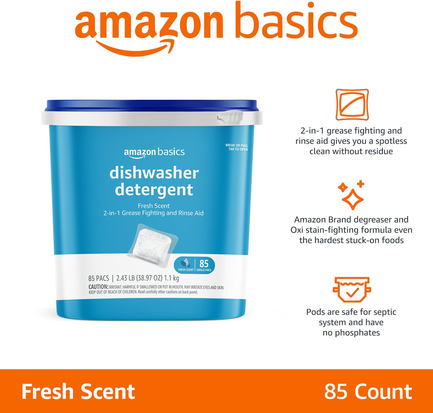Amazon Basics Dishwasher Detergent Pacs, Fresh Scent, 85 Count (Previously Solimo)